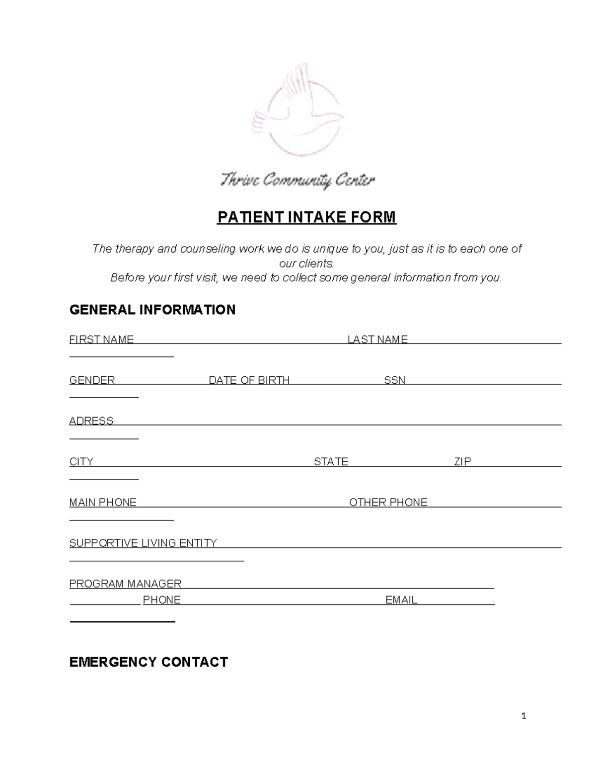 Intake form thrive - fail - PATIENT INTAKE FORM The therapy and ...