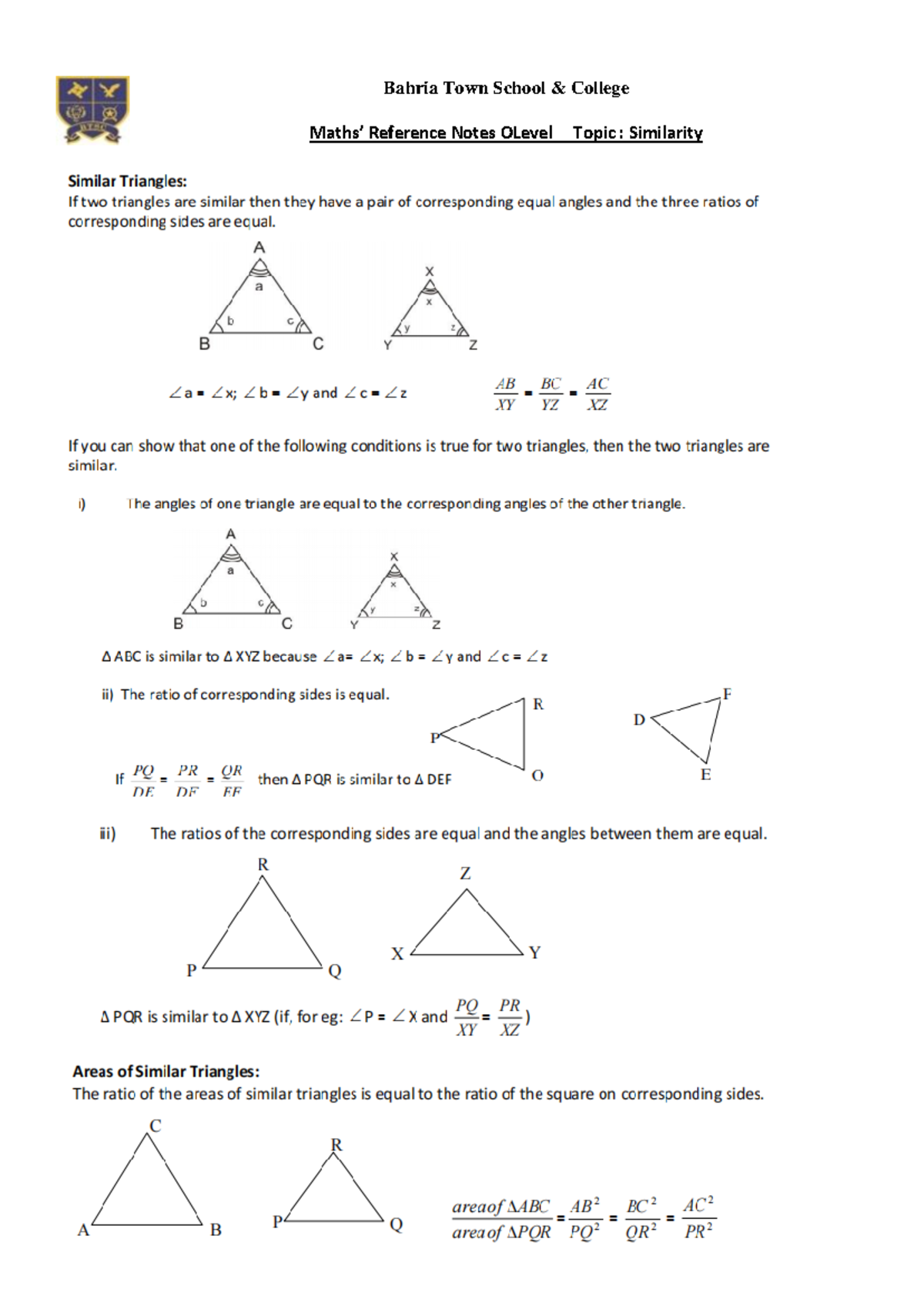 Similarity Reference notes OLevel - O Levels Maths - Bahria Town School ...