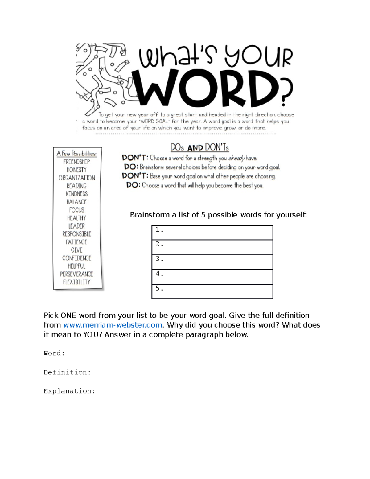What's Your Word Activity - Brainstorm a list of 5 possible words for ...