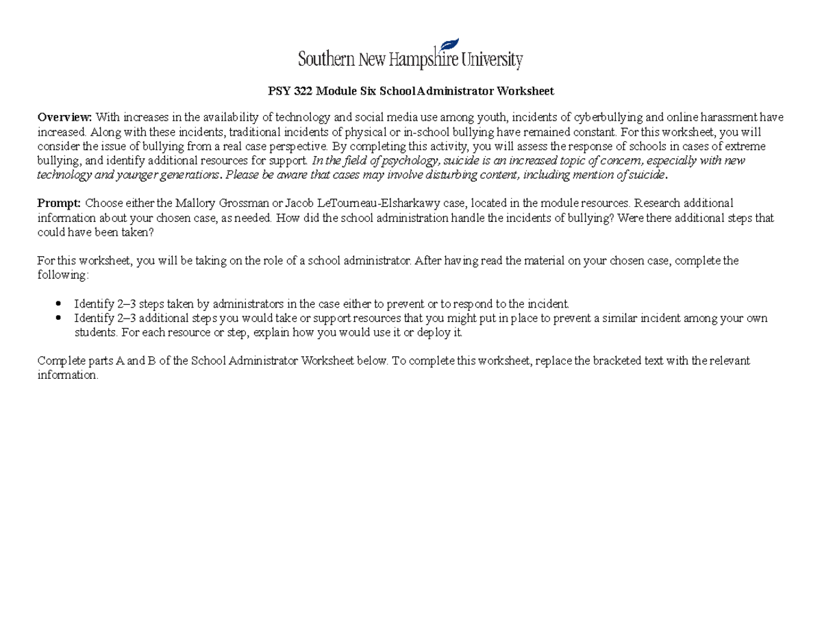 PSY 322 Module Six School Administrator Worksheet - PSY 322 Module Six ...