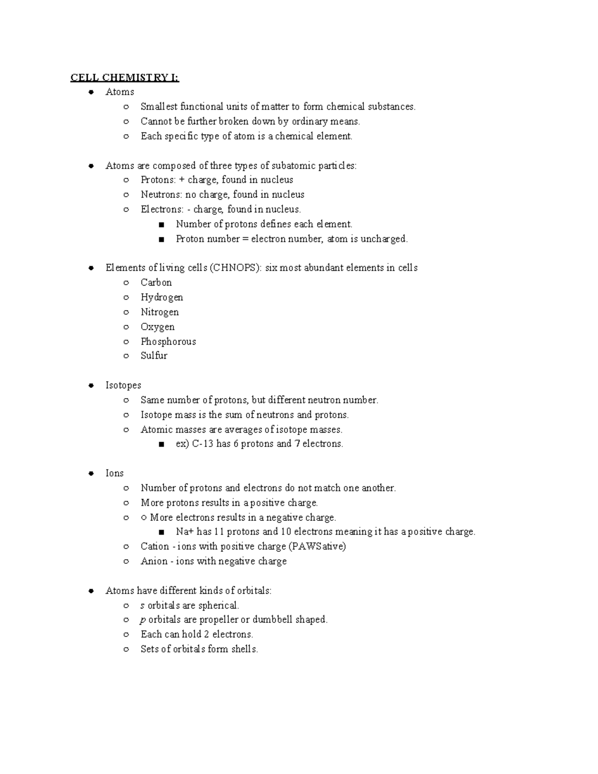 Cell Biology Notes EXAM ONE Material - CELL CHEMISTRY I: Atoms Smallest ...