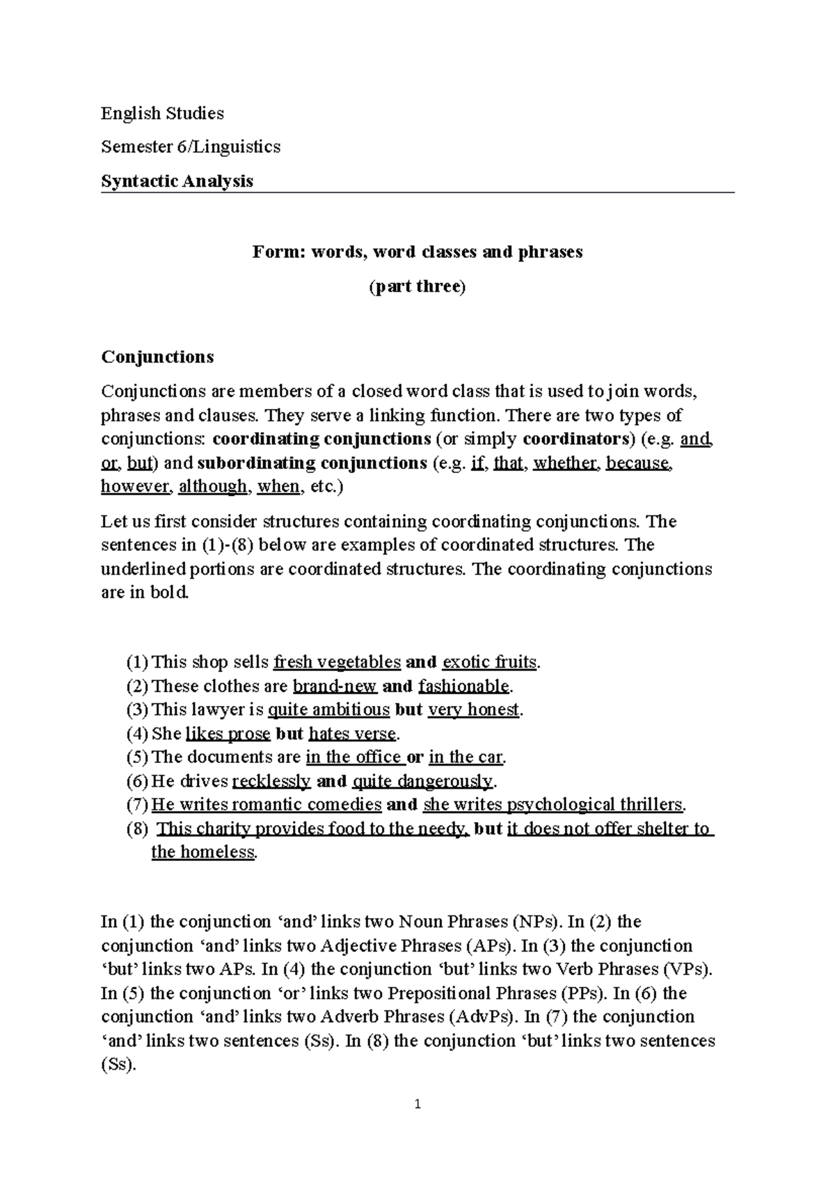 Syntactic Analysis 6 - words, word classes and phrases part 3 - English Studies Semester - Studocu