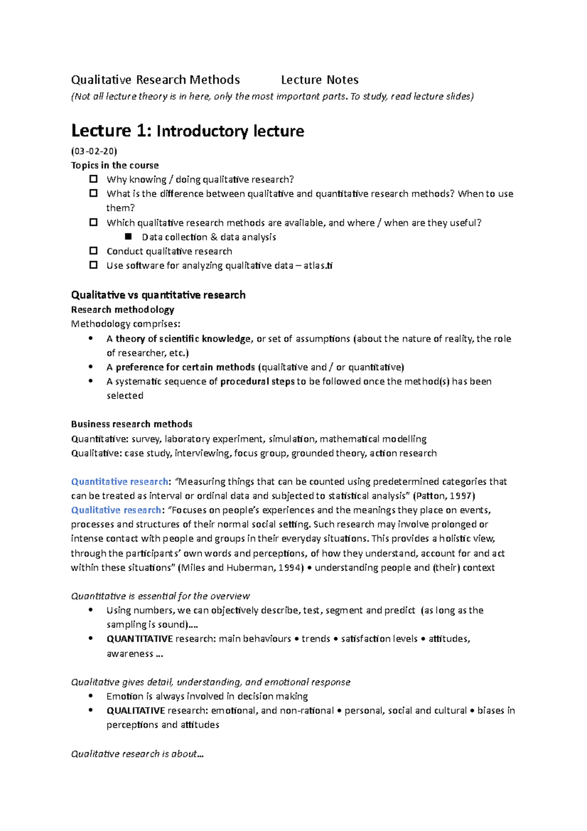 QRM - Lectures Summary - Qualitative Research Methods Lecture Notes ...