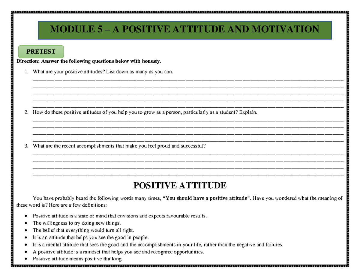 Module 5- A Positive Attitude and Motivation - Direction: Answer the ...