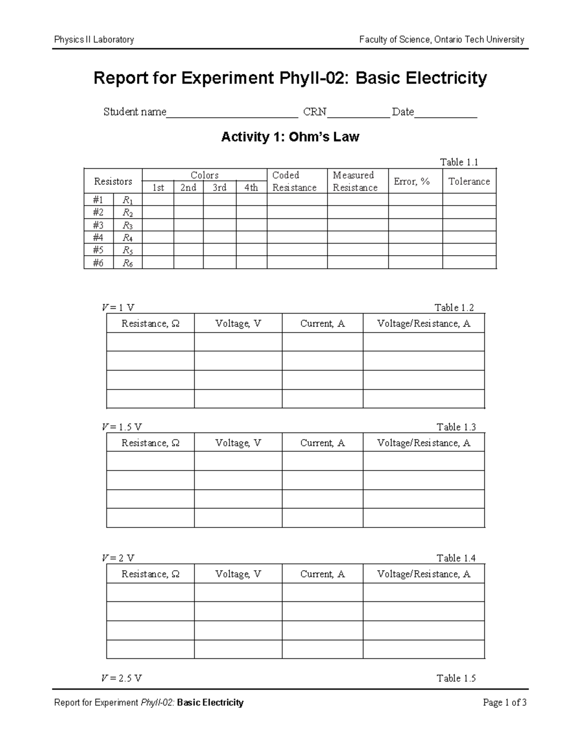 Report Basic Electricity - Physics II Laboratory Faculty of Science, Ontario Tech University ...