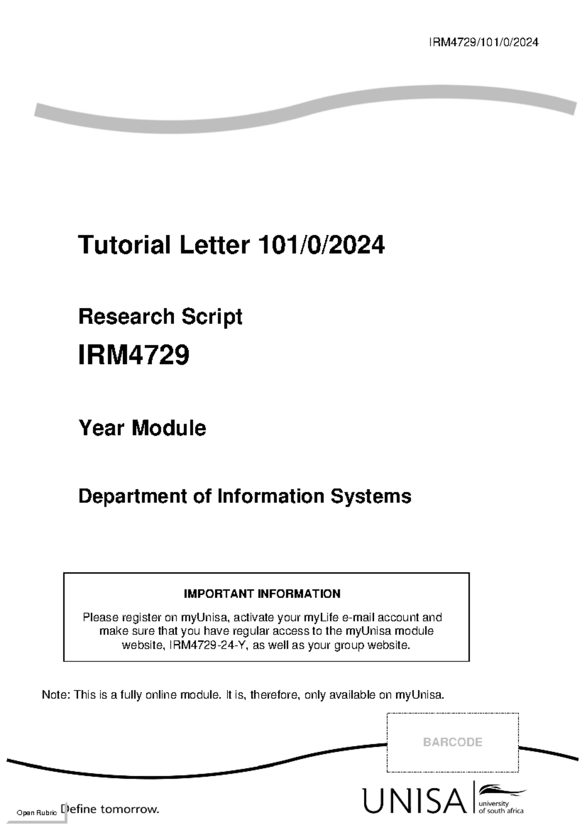 IRM4729 TUT 2024 - Research Script - IRM4 729 /101/ 0 / 2024 Tutorial ...
