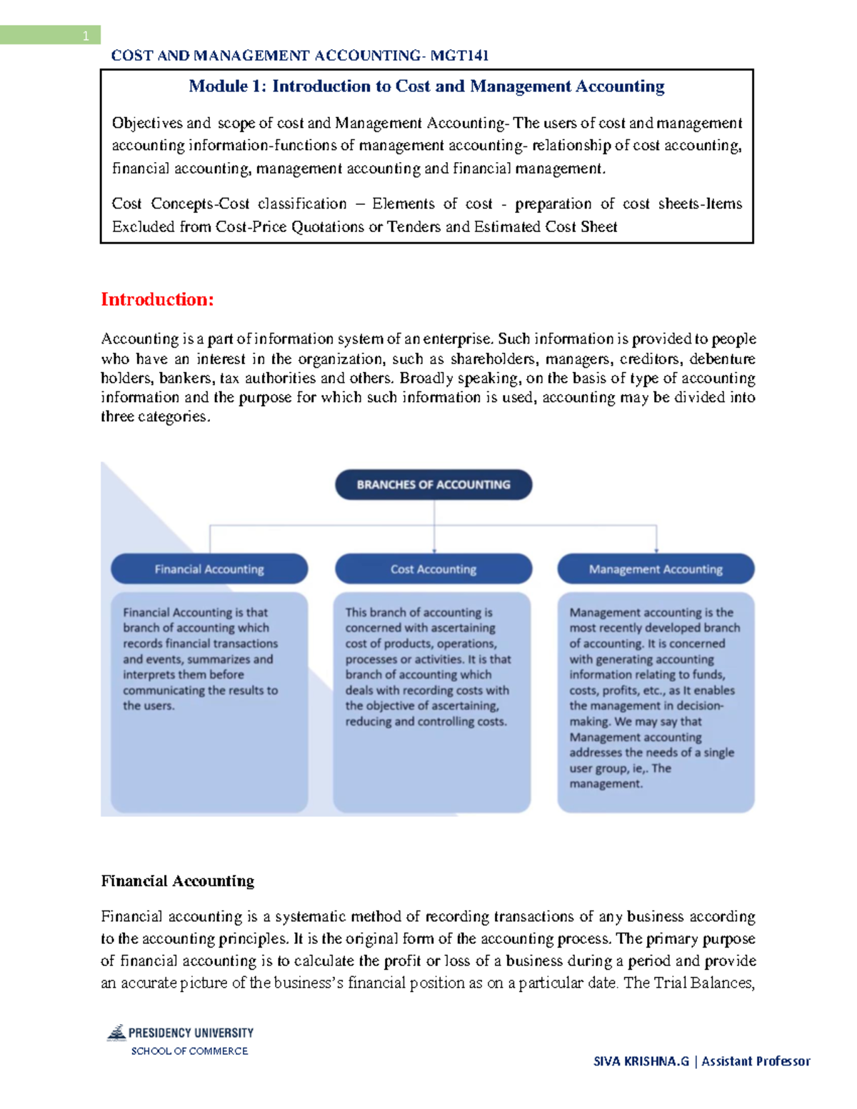 CMA MGT141 Module 1 - CMA NOTES - SCHOOL OF COMMERCE COST AND ...