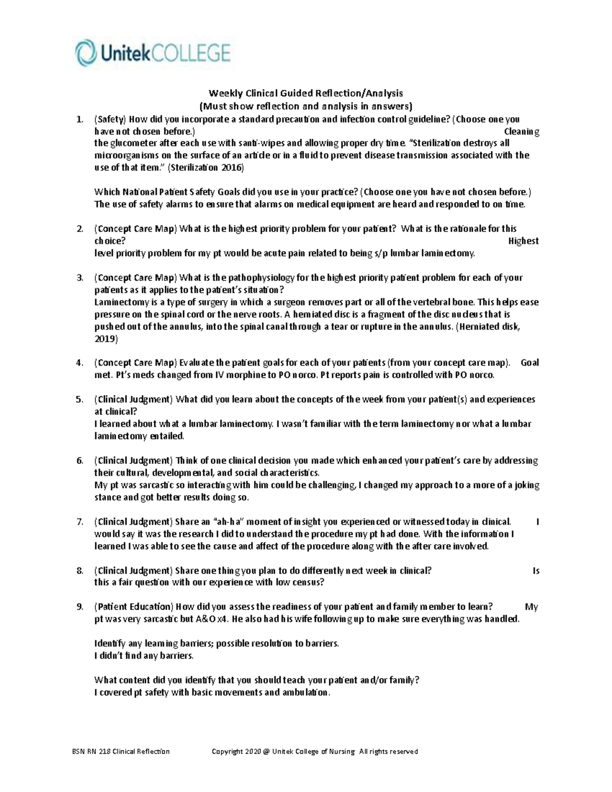 RN 218 Clinical Reflection Wk 3 - Weekly Clinical Guided Reflection ...