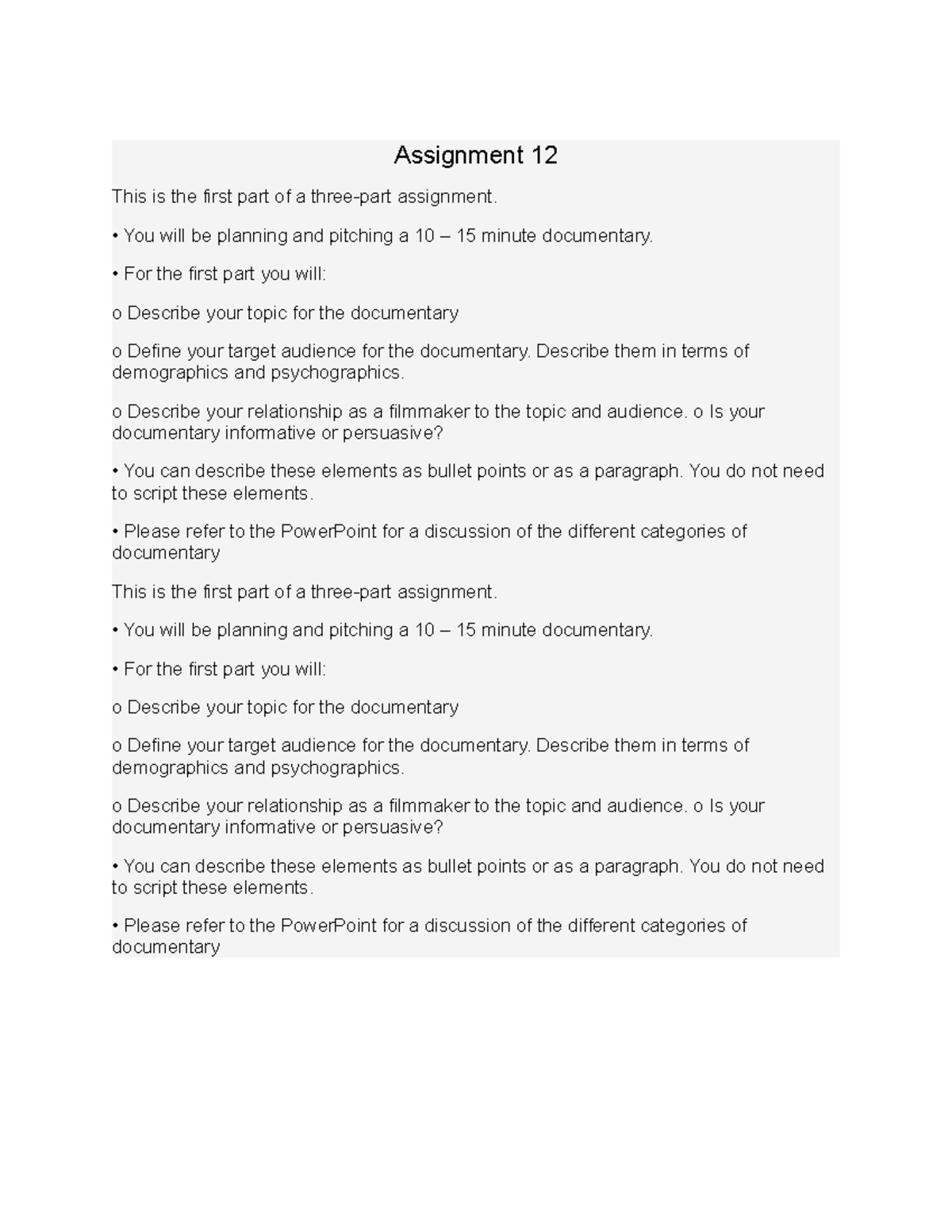 Assignment 12 - Assignment 12 This is the first part of a three-part ...