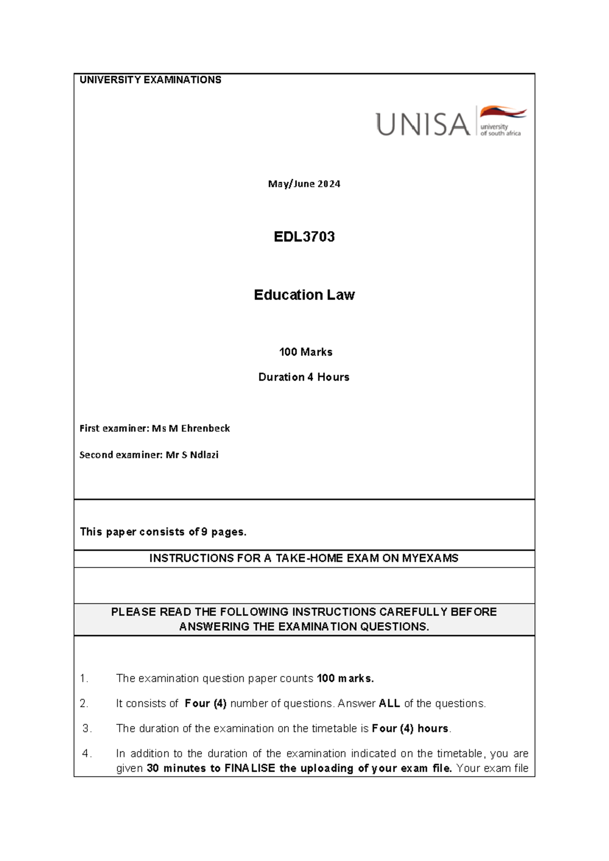 EDL3703 May June 2024 EQP - UNIVERSITY EXAMINATIONS May/June 2024 EDL ...