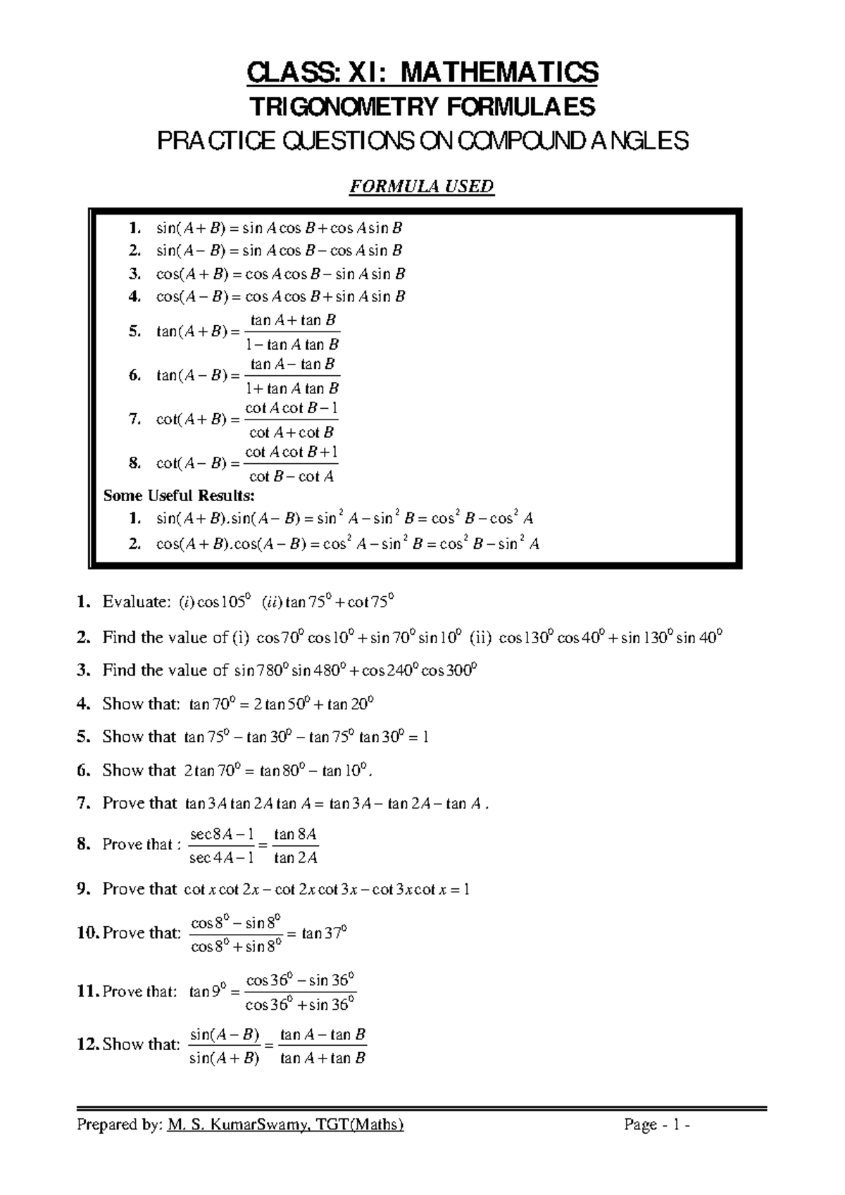 Class xi maths trigonometry practice questions 2015 161 - CLASS: XI: MATHEMATICS TRIGONOMETRY ...