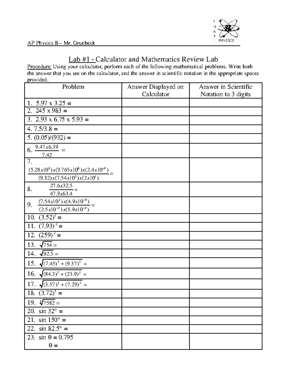 Calculator Lab (1)-1 - AP Physics B – Mr. Grunbeck Lab #1 - Calculator ...