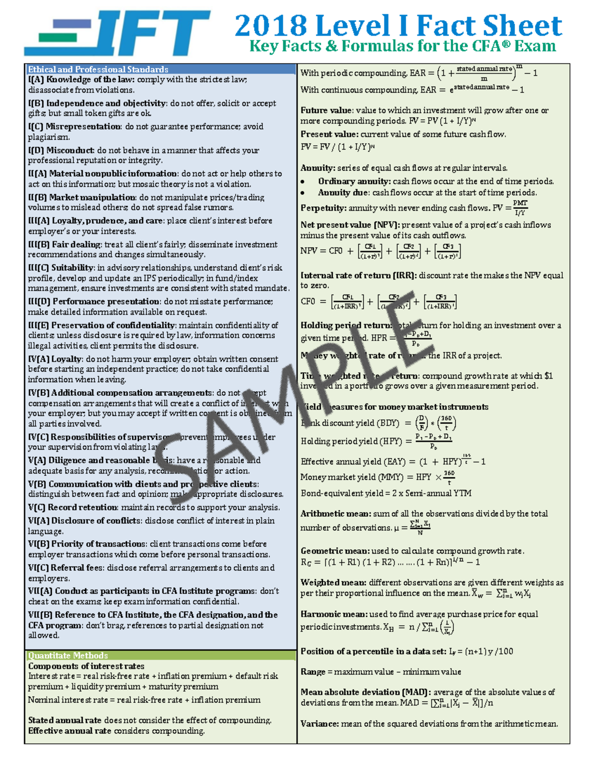 IFT CFA Level I Facts and Formula Sheet 2018 Sample - Ethical and ...