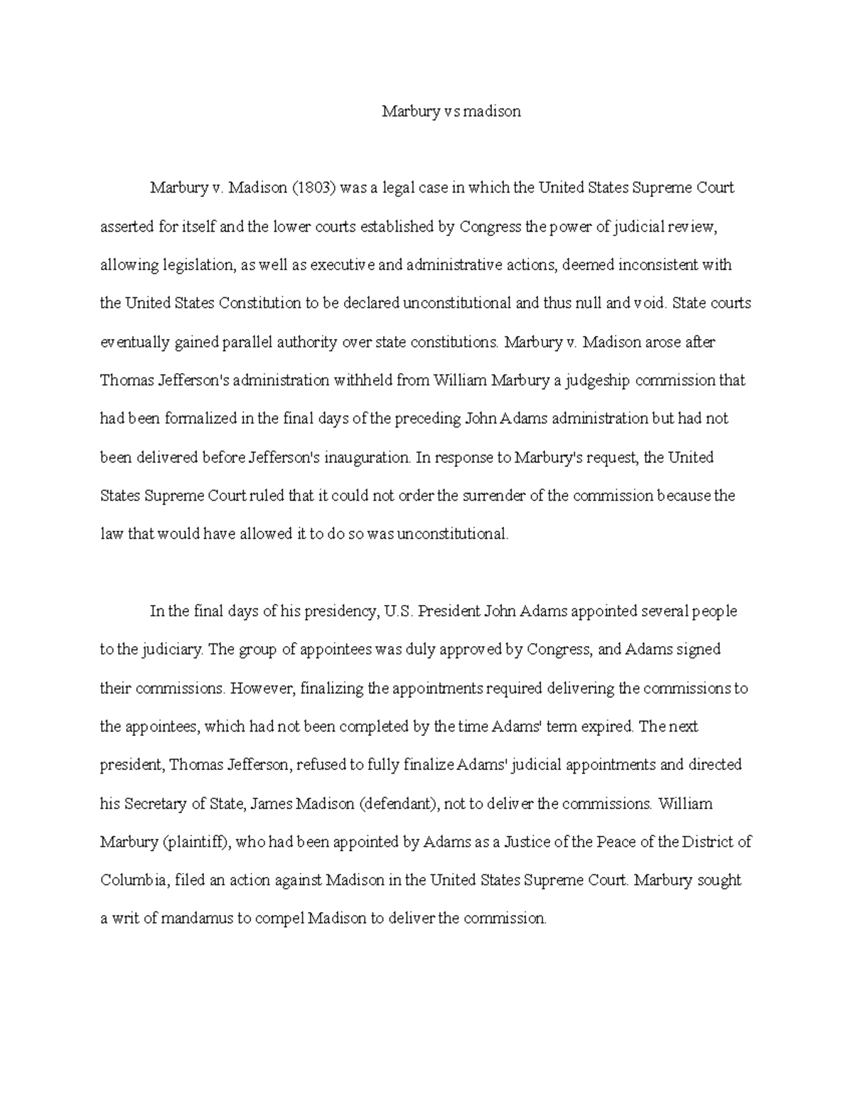 Marbury vs madison brief case - Marbury vs madison Marbury v. Madison ...