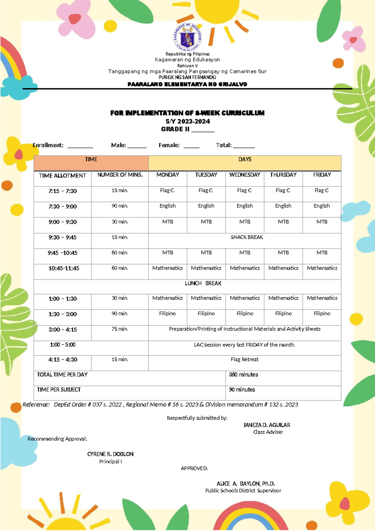8 WEEK Curriculum Class Program - Republika ng Pilipinas Kagawaran ng ...