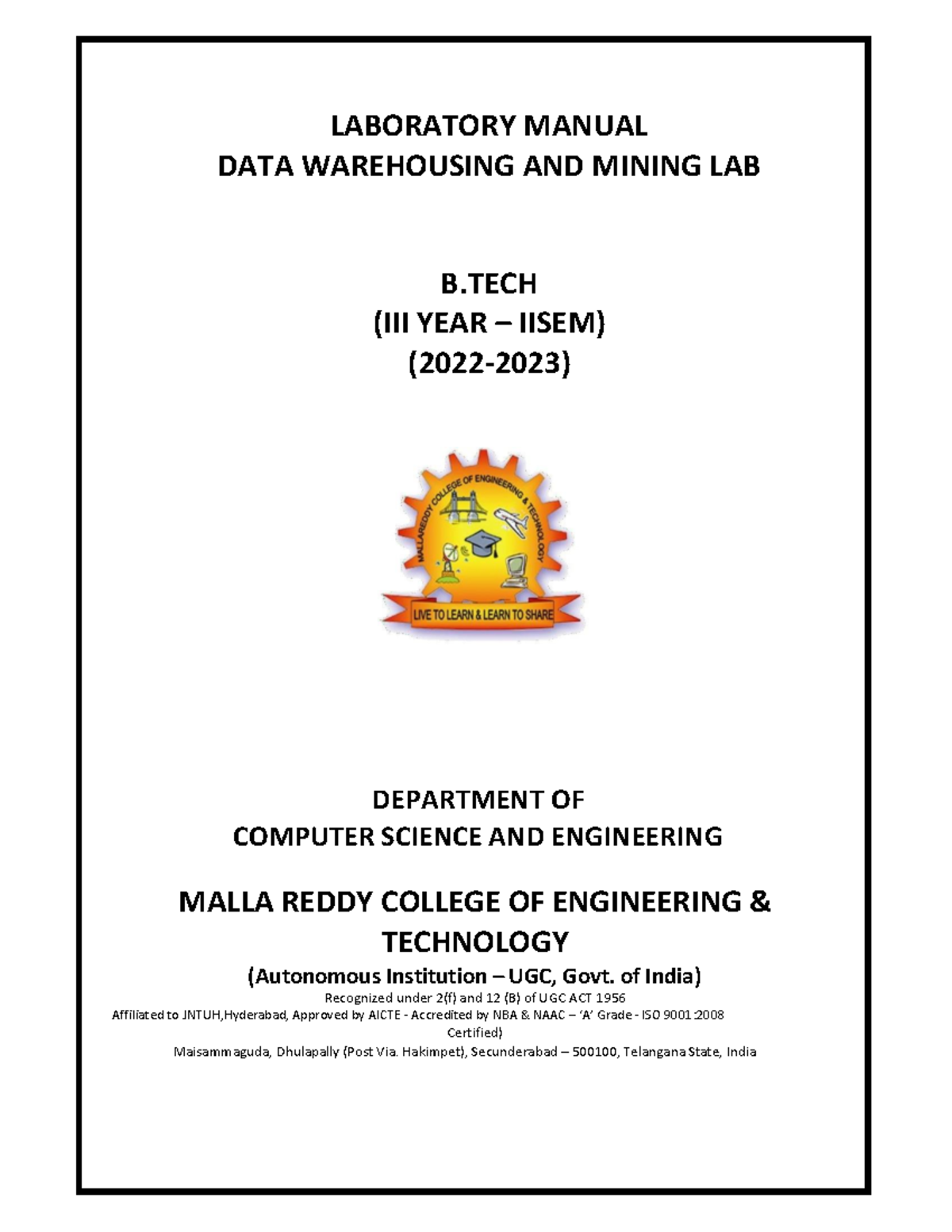 Data Warehousing & Data Mining lab - LABORATORY MANUAL DATA WAREHOUSING AND MINING LAB B (III ...