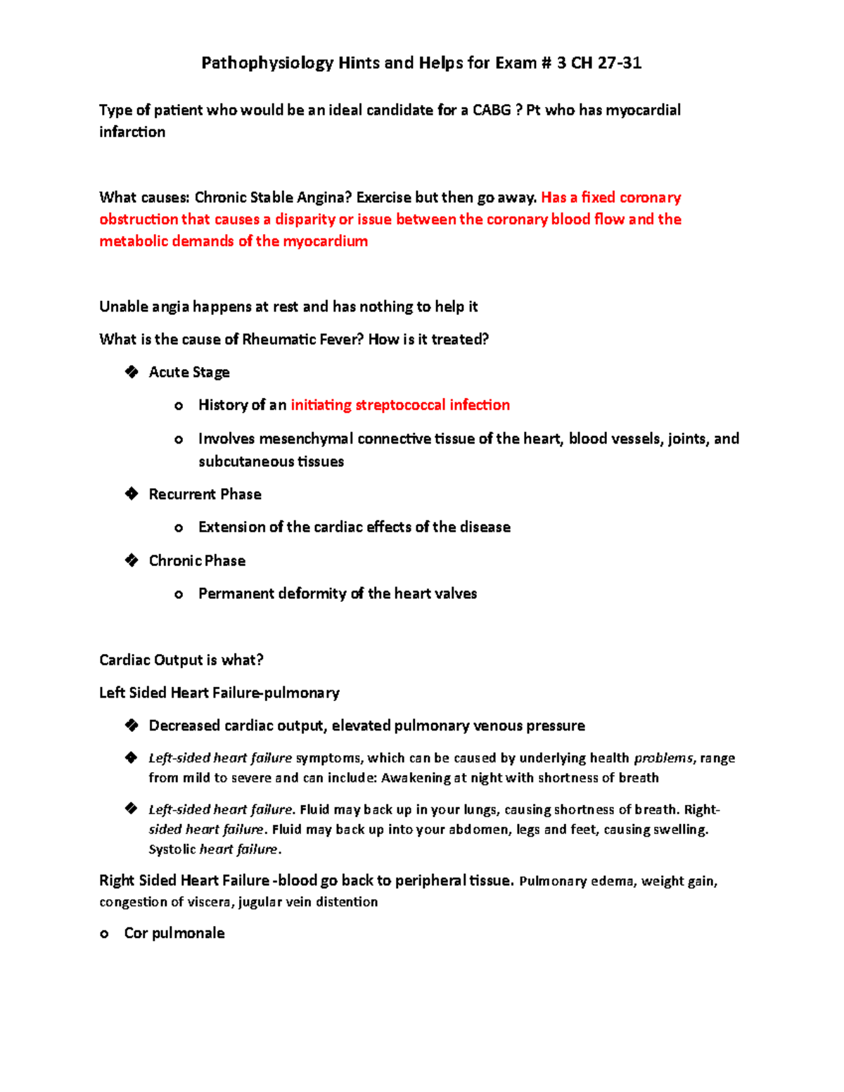 Pathophysiology Hints and Helps for Exam # 3 CH 27-31 - Has a fixed ...