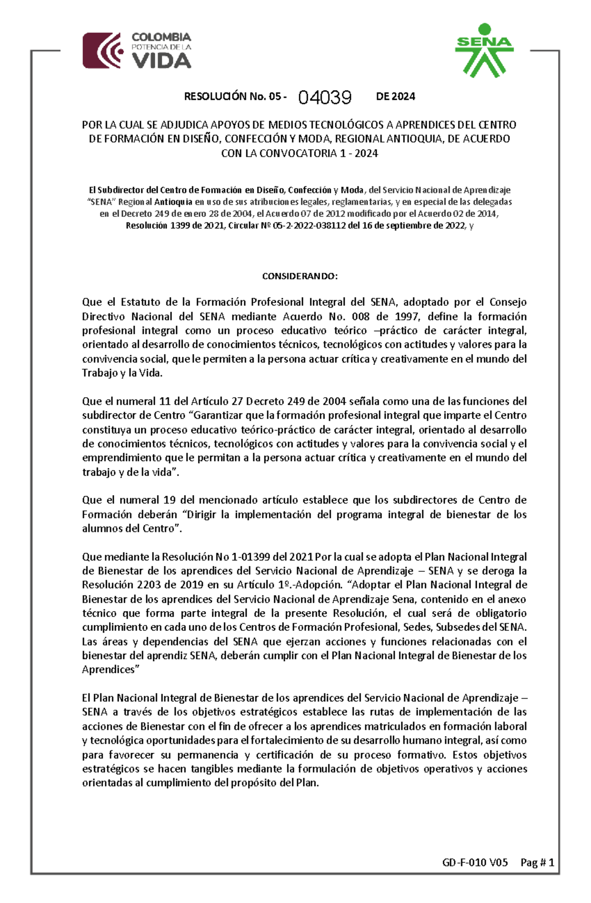 Resolucion Nº05-04039 del 10-05-2024 - POR LA CUAL SE ADJUDICA APOYOS ...