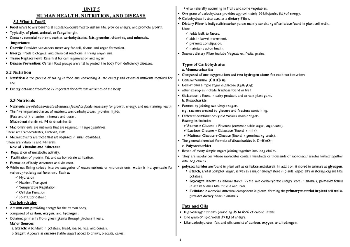 Grade 9 Unit 5 ,Human Health, Nutrition, and Disease - UNIT 5 HUMAN ...