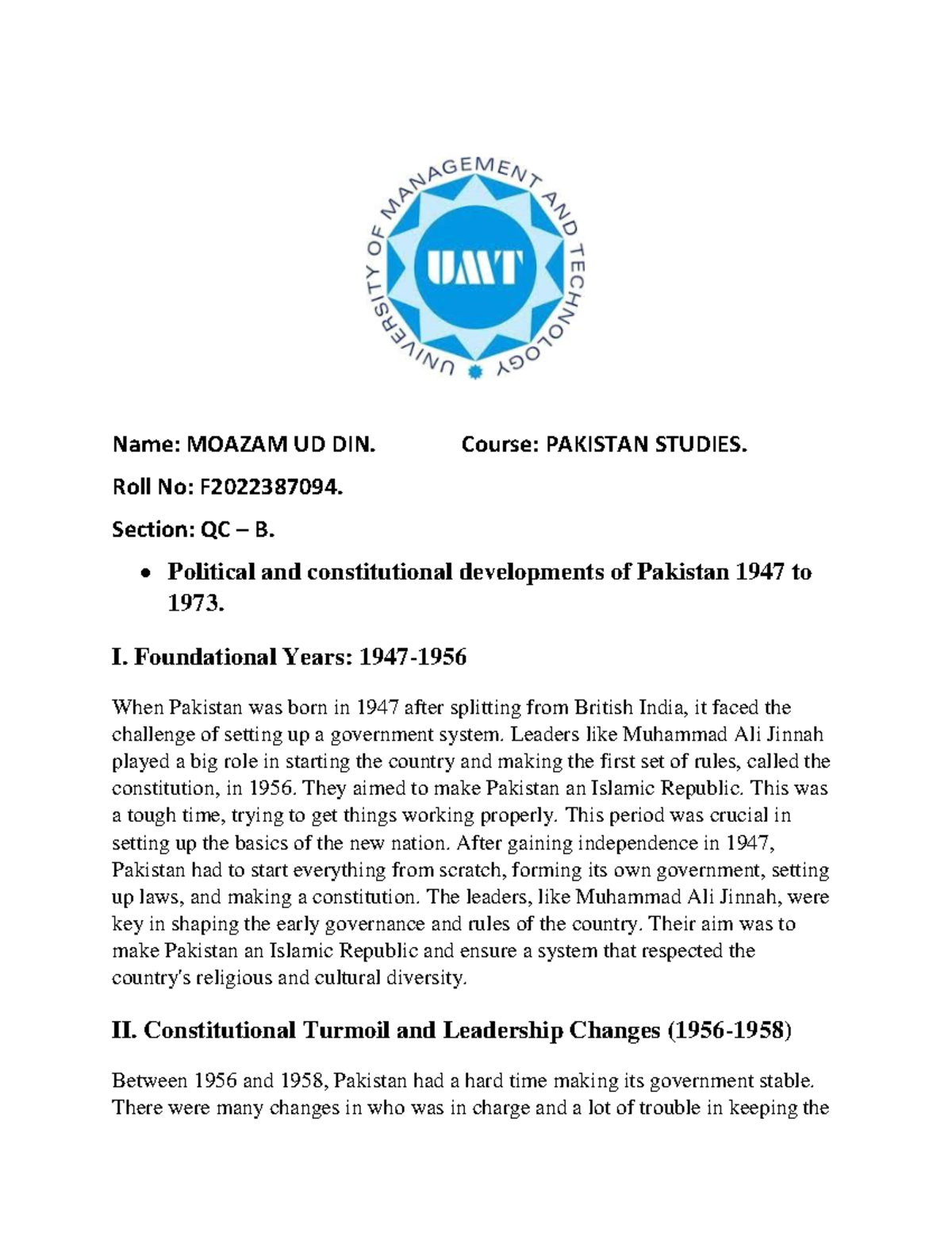PAK Studies Assignment - Name: MOAZAM UD DIN. Course: PAKISTAN STUDIES. Roll No: F2022387094 ...