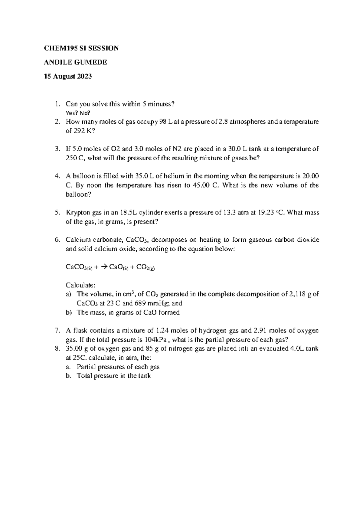 CHEM195 SI Session 1 230815 160714 - CHEM195 SI SESSION ANDILE GUMEDE ...