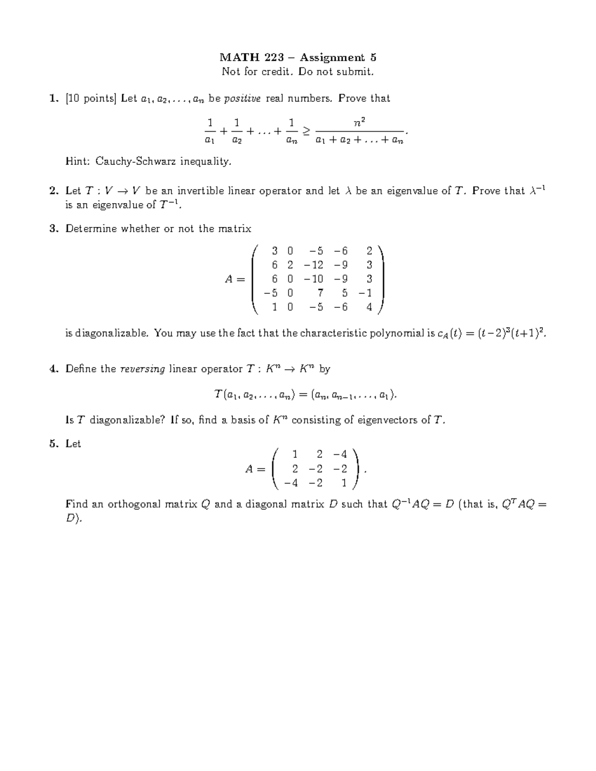 Assignment 5 - Copy - MATH 223 – Assignment 5 Not for credit. Do not ...