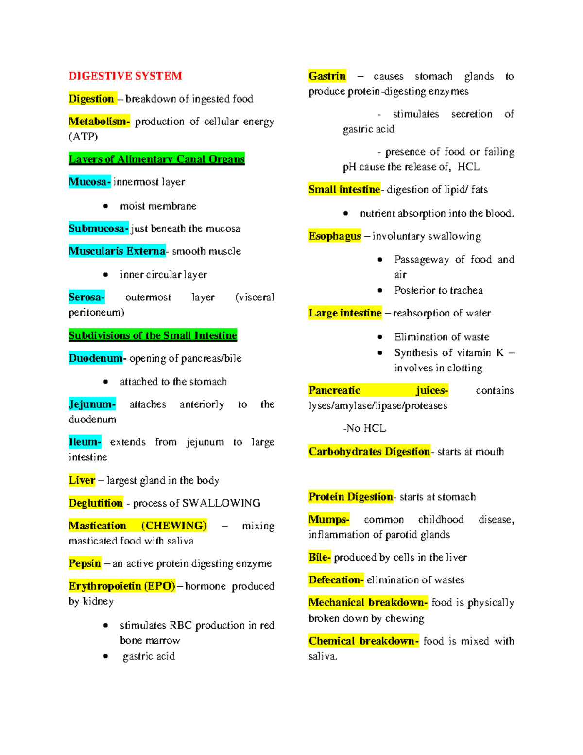 Anaphy- Reviewer - DIGESTIVE SYSTEM Digestion – breakdown of ingested ...
