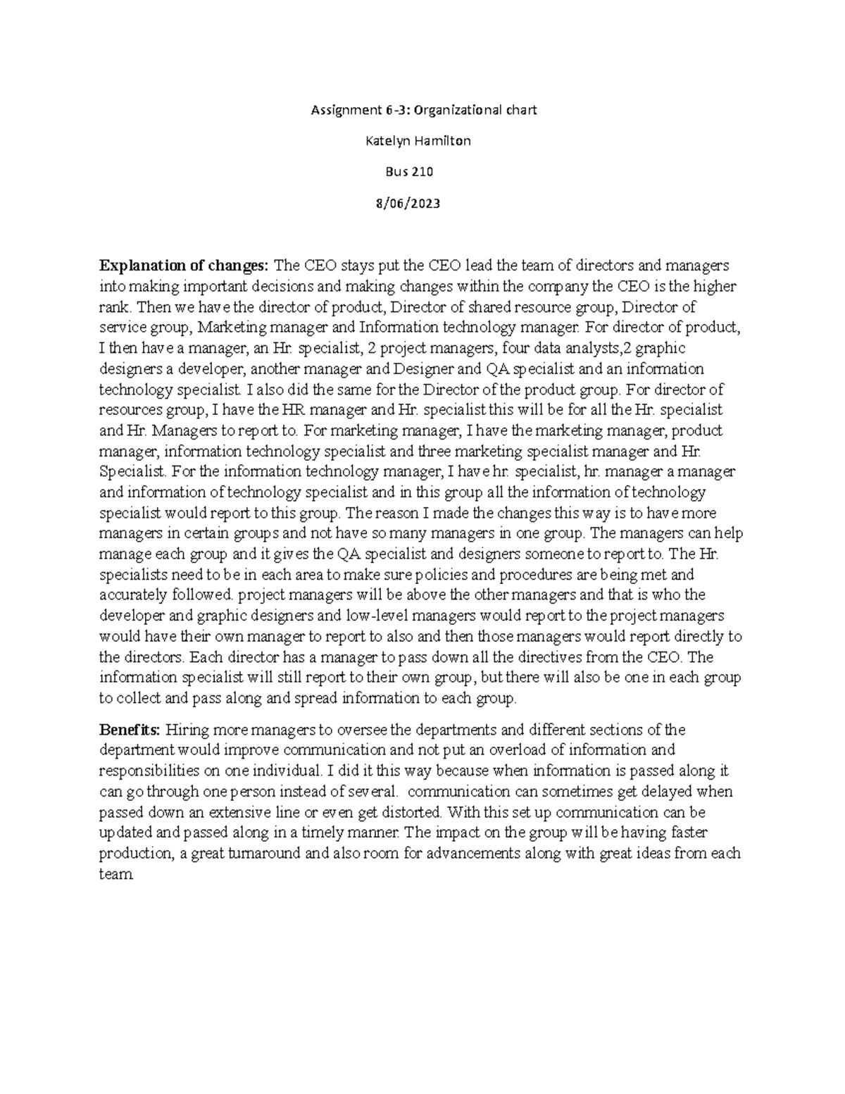 7-2 organizational chart - Assignment 6-3: Organizational chart Katelyn ...