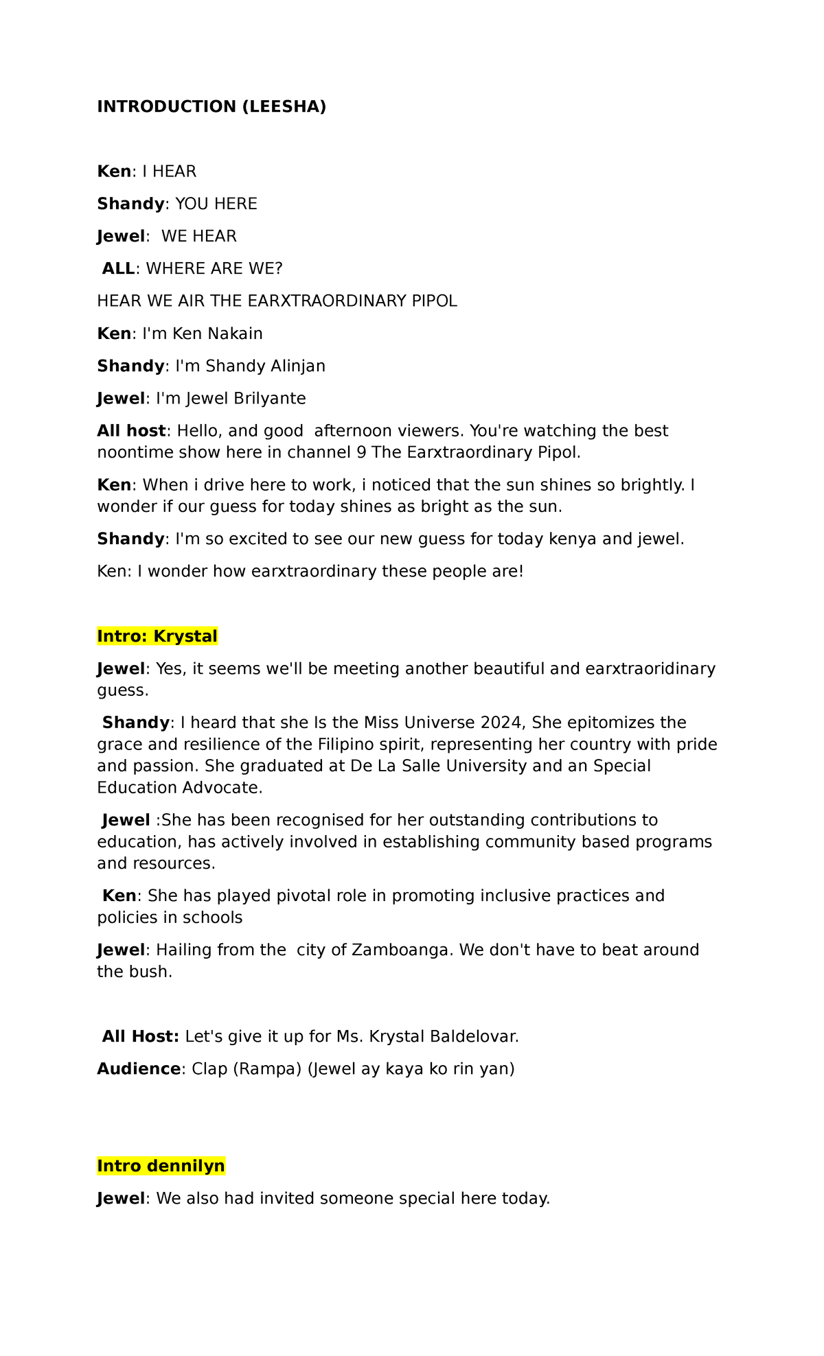 PED 107 Final Script - INTRODUCTION (LEESHA) Ken: I HEAR Shandy: YOU ...