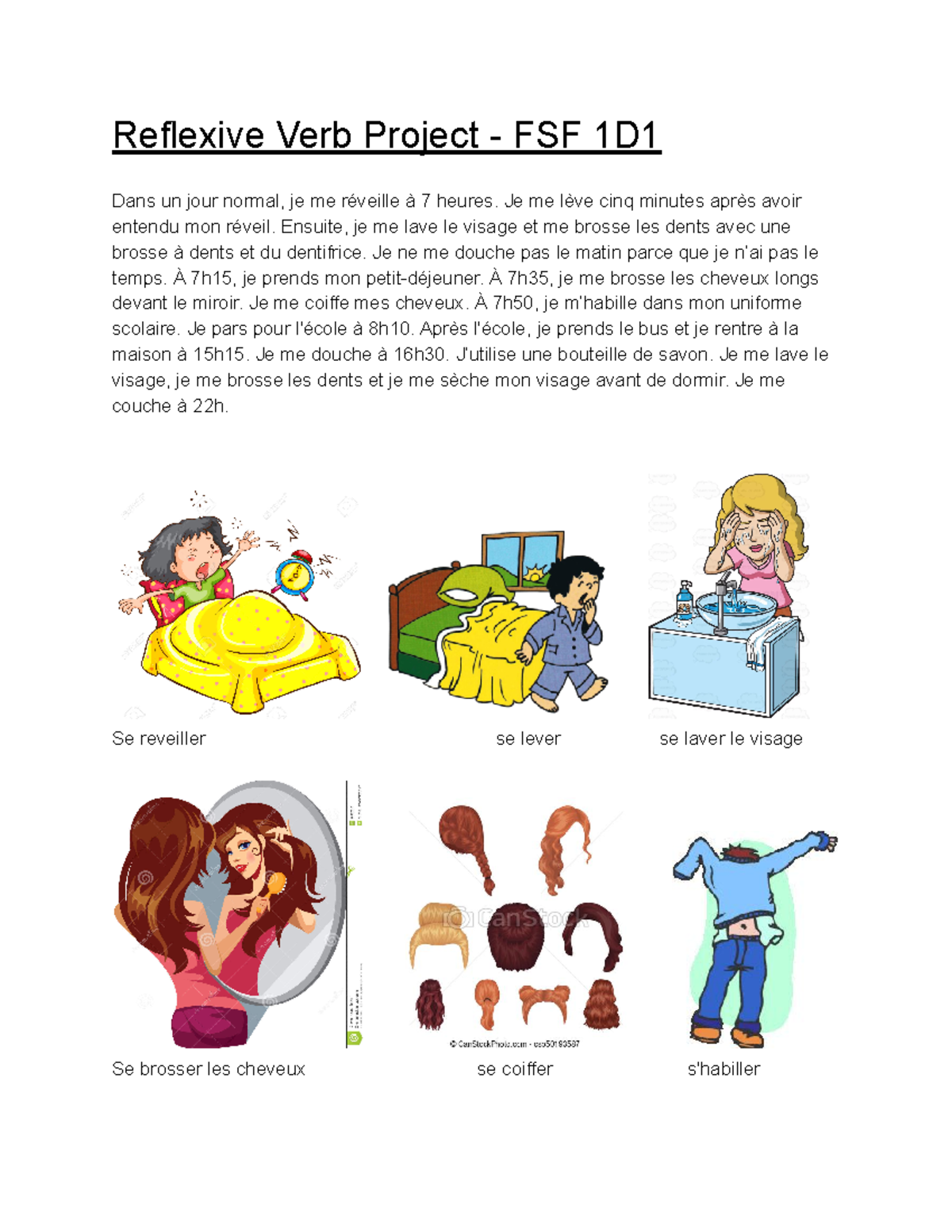 French Reflexive Verb Assignment - Grade 9 - Reflexive Verb Project ...