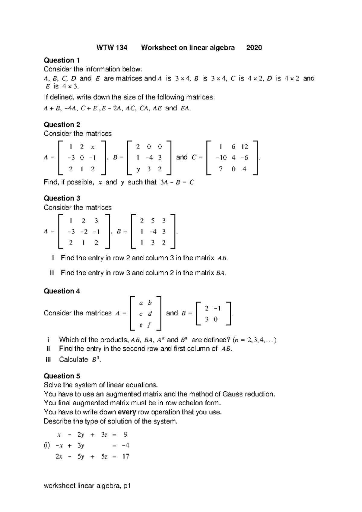 Worksheet on algebra - WTW 134 Worksheet on linear algebra 2020 ...