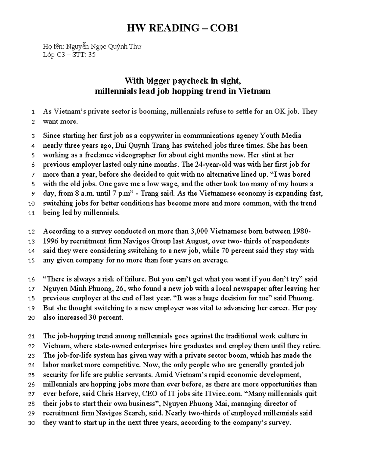 C3 COB1 Reading Quynh THU 35 - HW READING – COB Họ tên: Nguyễn Ngọc Quỳnh Thư Lớp C3 – STT: 35 ...