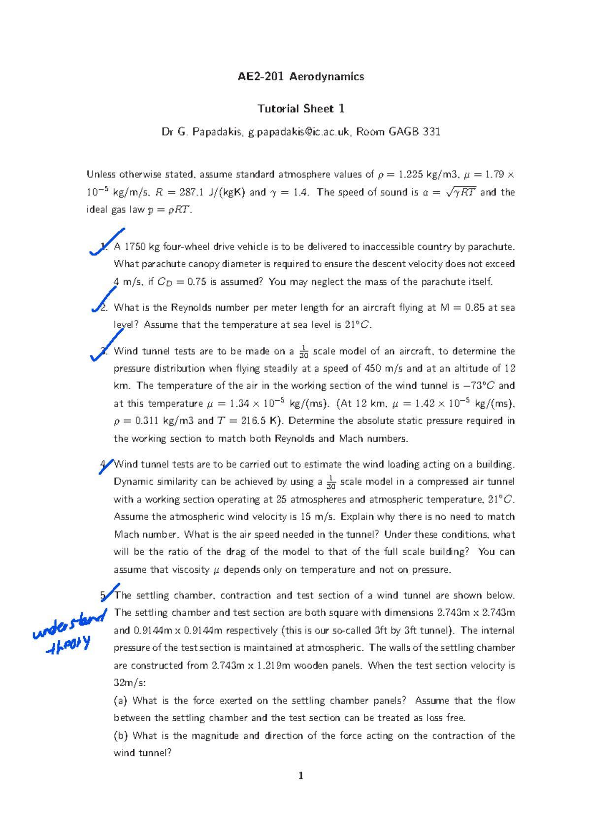 Tutorial 1 - AE2-201 Aerodynamics Tutorial Sheet 1 Dr G. Papadakis, g ...