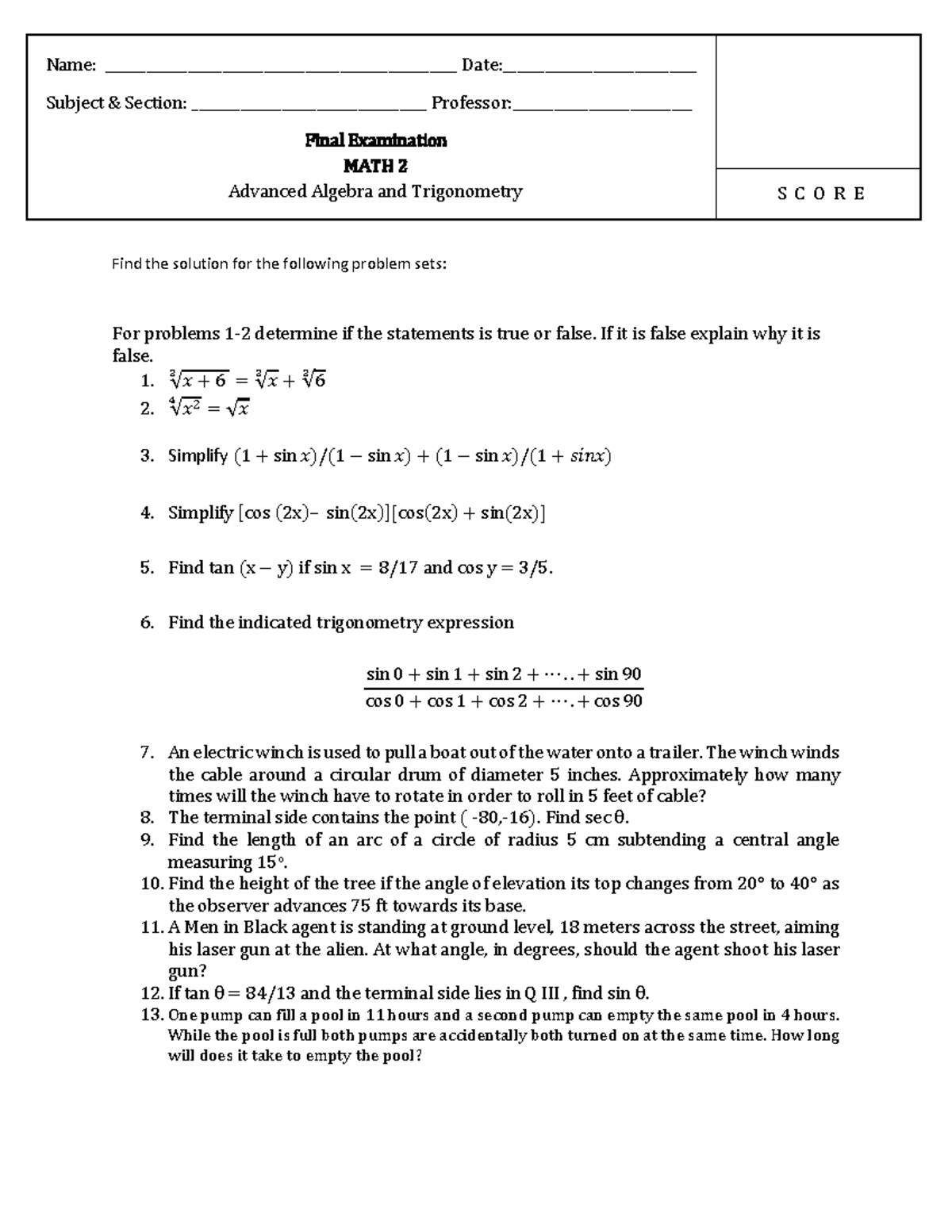 Final-Exam-Algebra - Find the solution for the following problem sets ...