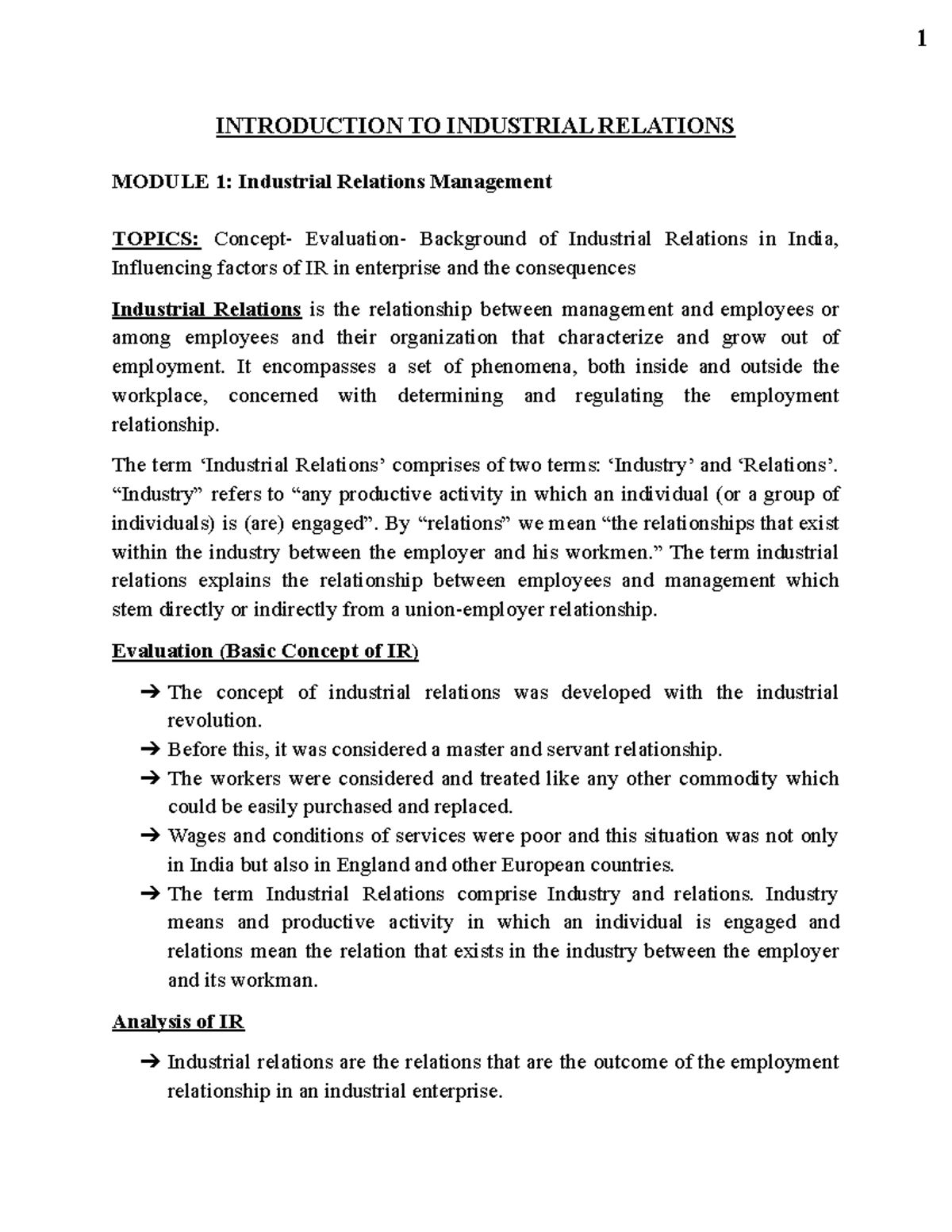 Introduction TO Industrial Relations- Complete Notes (1) pagenumber ...