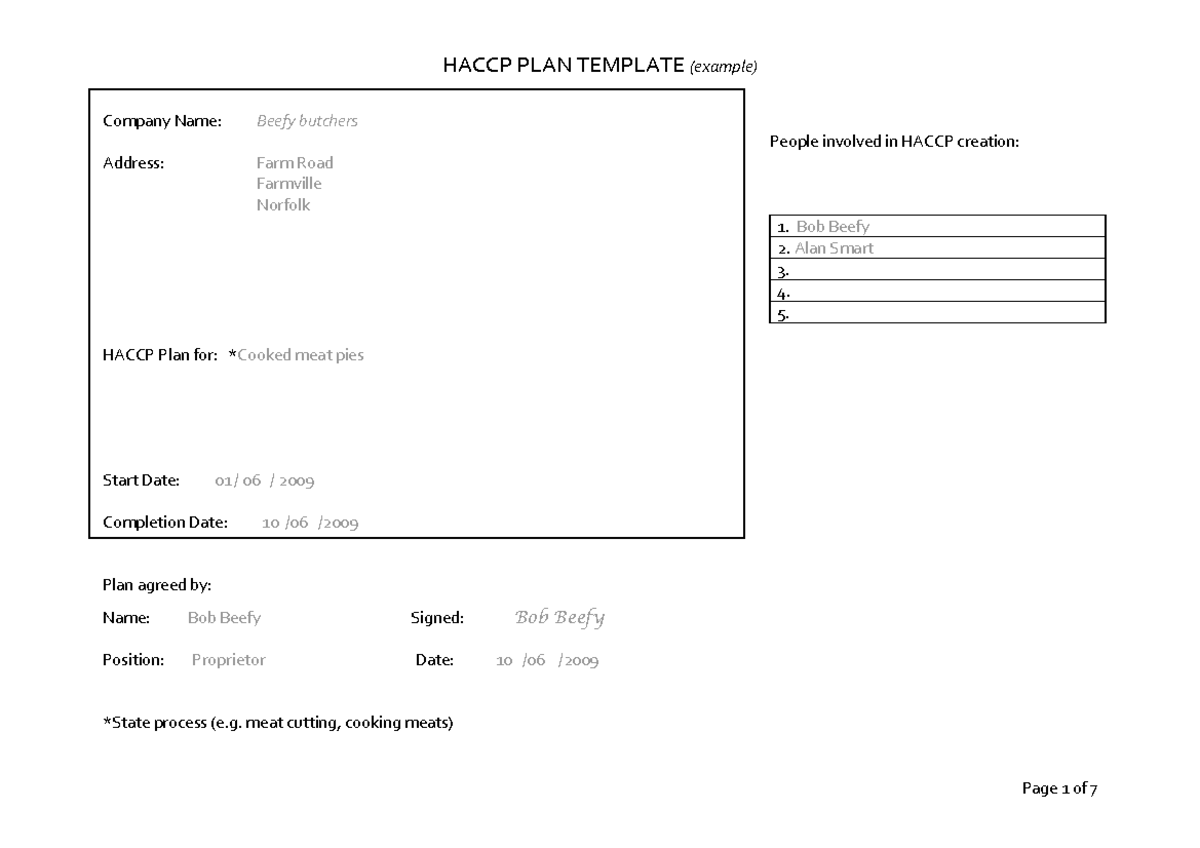 Haccp Plan template - Company Name: Beefy butchers People involved in ...
