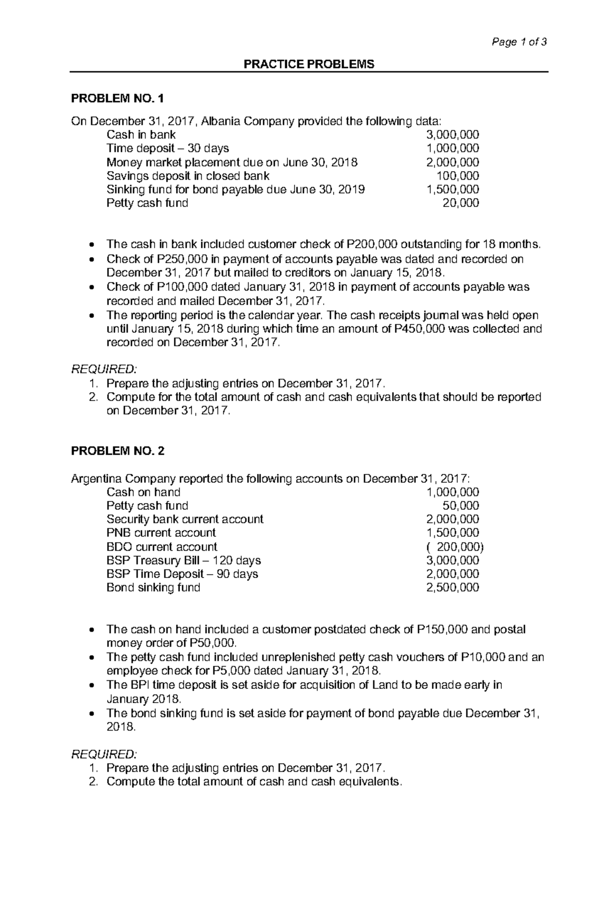 Practice Problems - CASH AND CASH Equivalents - Page 1 of 3 PRACTICE ...