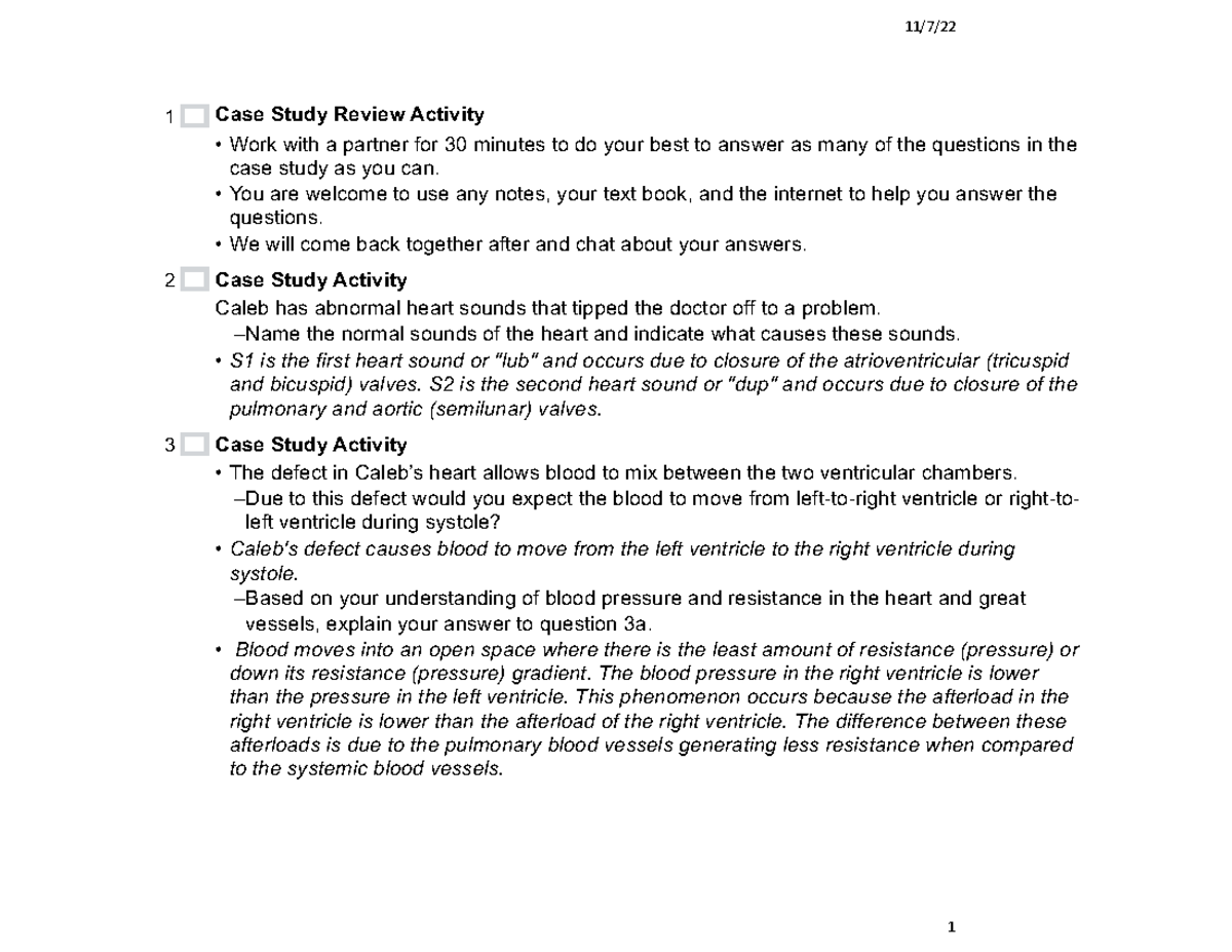 Cardiovascular System Anatomy Lab 2 Notes - 11/7/ 1 Case Study Review ...