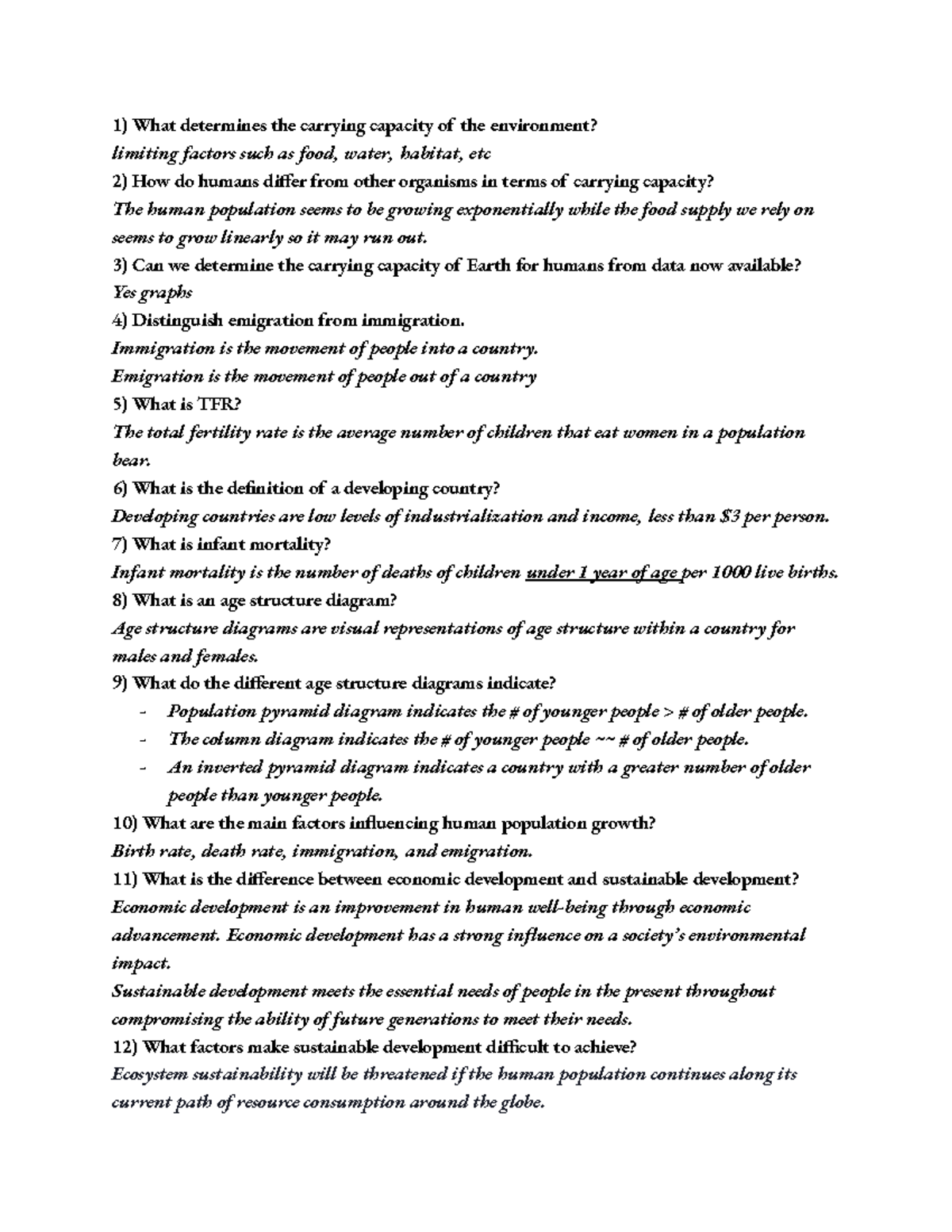 Chapter 5 human population - 1) What determines the carrying capacity ...