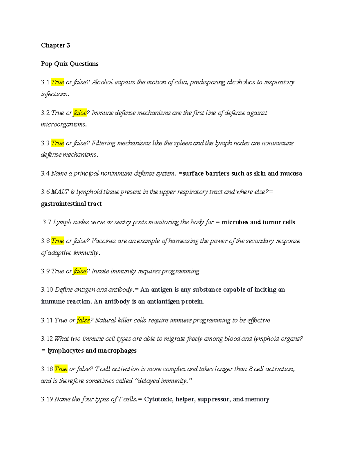 Chapter 3 pop quiz - Chapter 3 Pop Quiz Questions 3 True or false ...