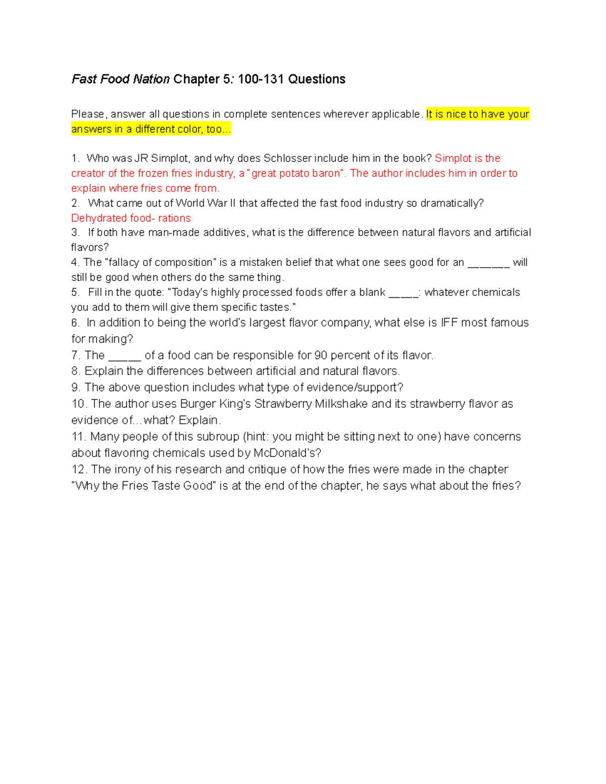 Copy of Fast Food Nation 100-131 Questions Chapter 5 - Fast Food Nation ...
