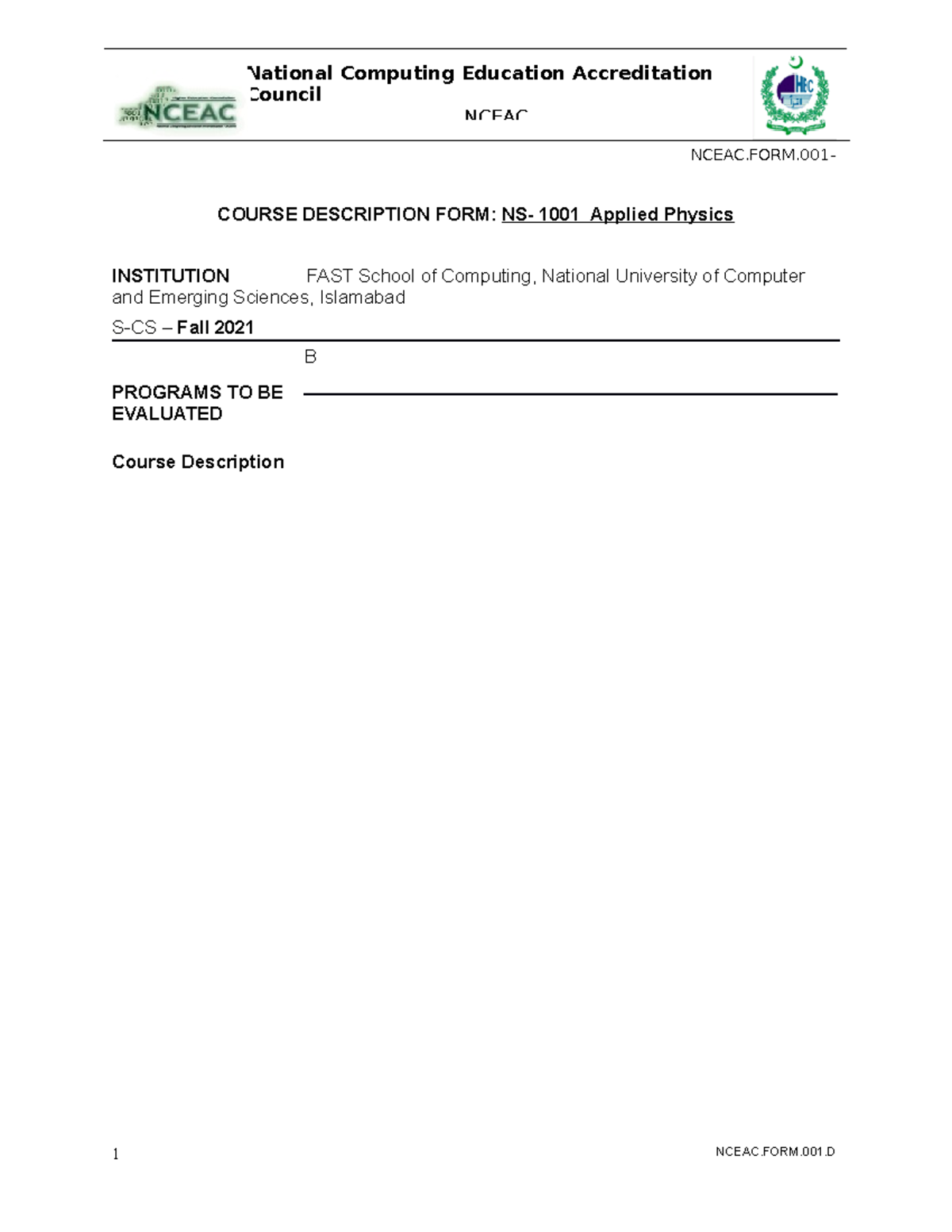 NS 1001 Applied physics fall 2021 BS-CS - NCEAC.FORM- Council NCEAC ...