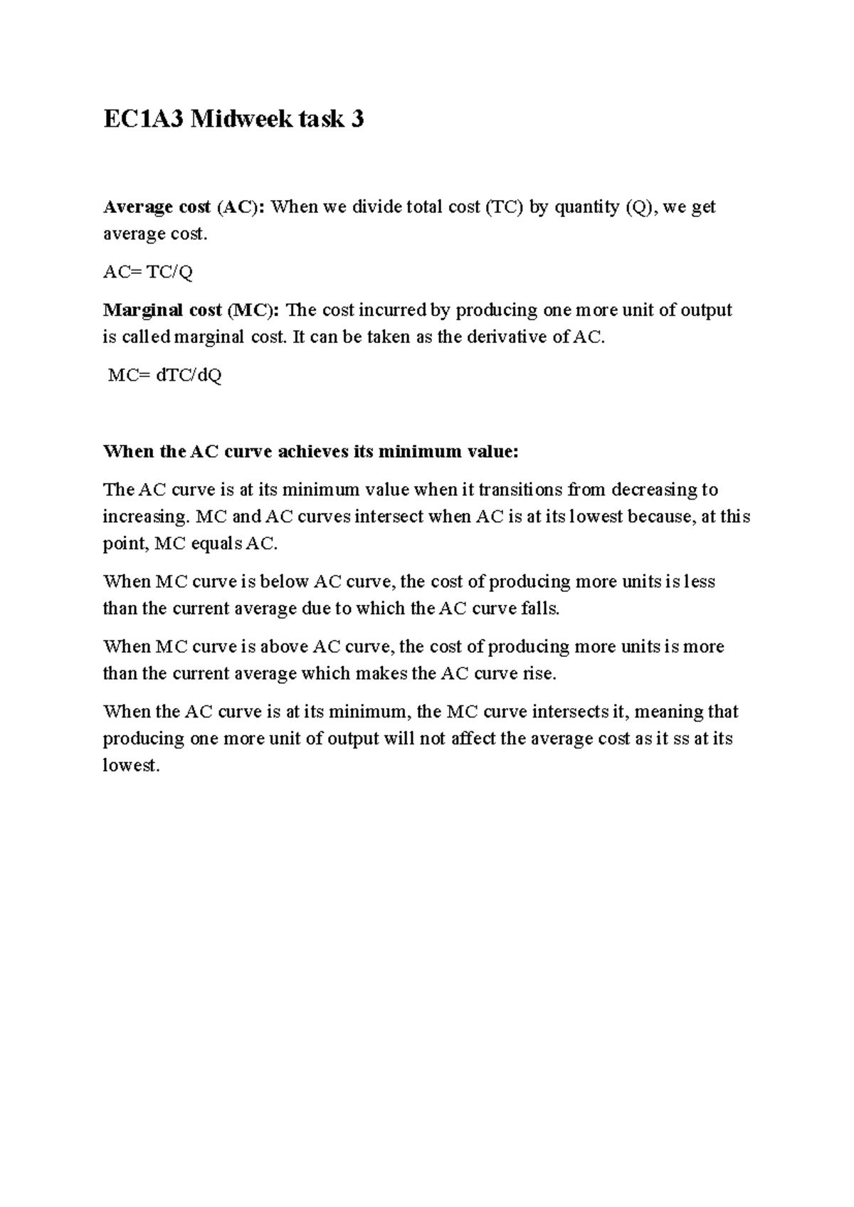 EC1A3 Midweek Task 3 - EC1A3 Midweek task 3 Average cost (AC): When we ...