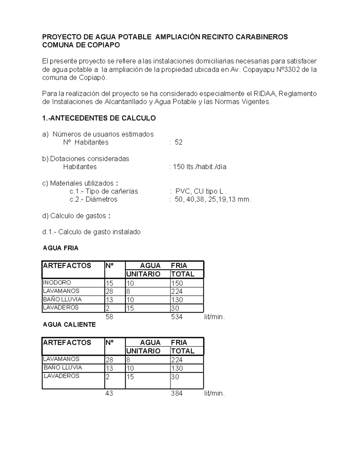 Cálculo de agua potable - PROYECTO DE AGUA POTABLE AMPLIACI”N RECINTO ...