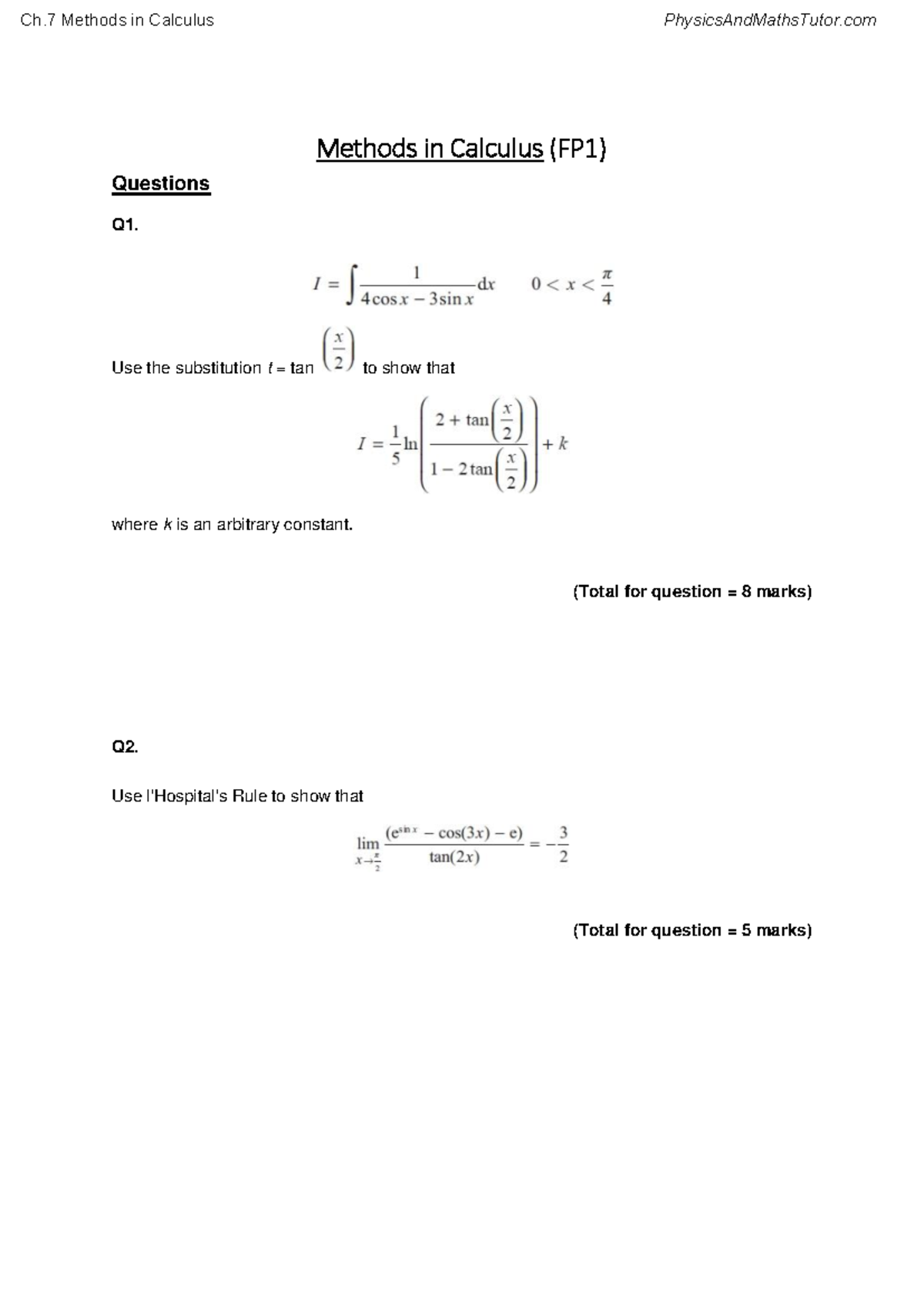 Ch.7 Methods in Calculus - Methods in Calculus (FP1) Questions Q1. Use ...