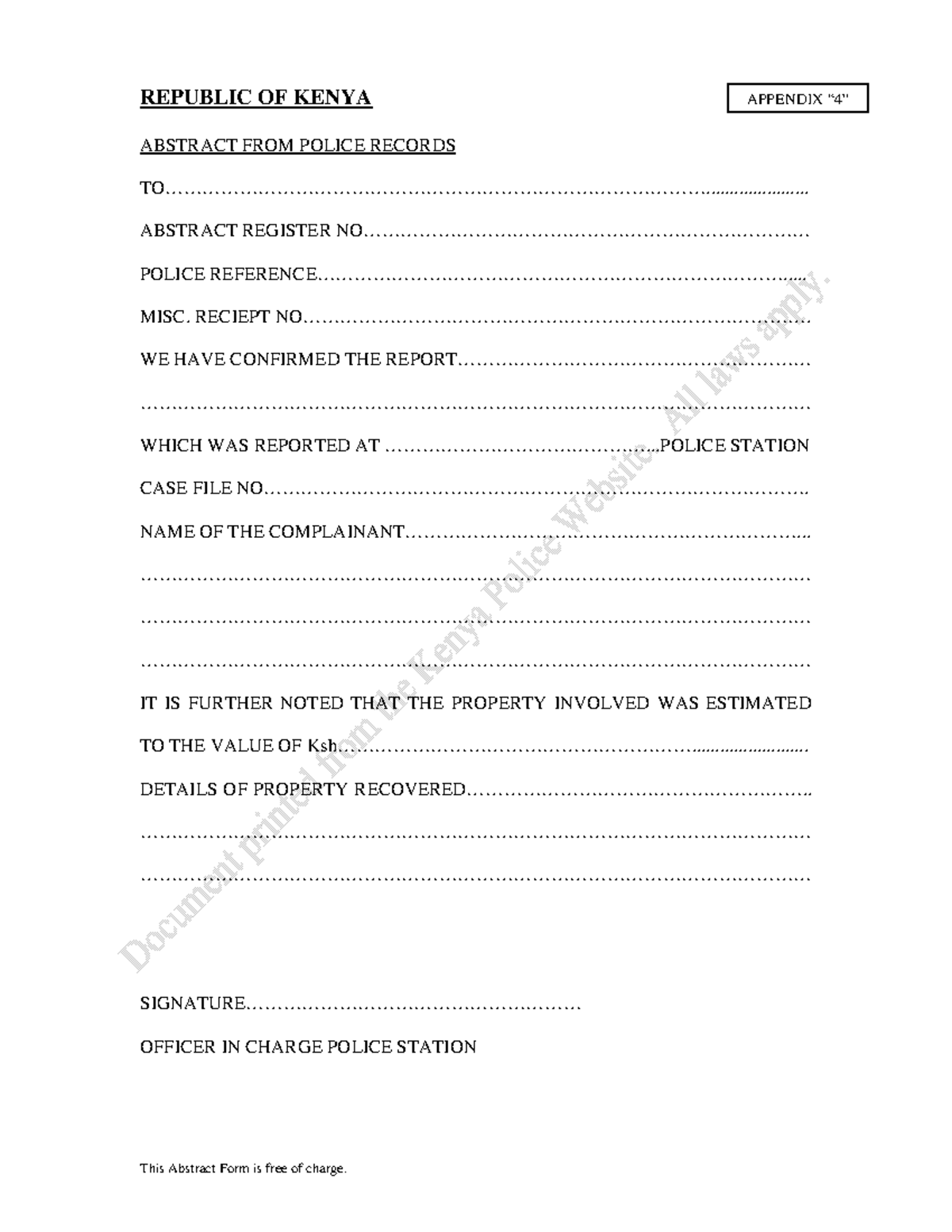 Abstract form - REPUBLIC OF KENYA ABSTRACT FROM POLICE RECORDS - Studocu
