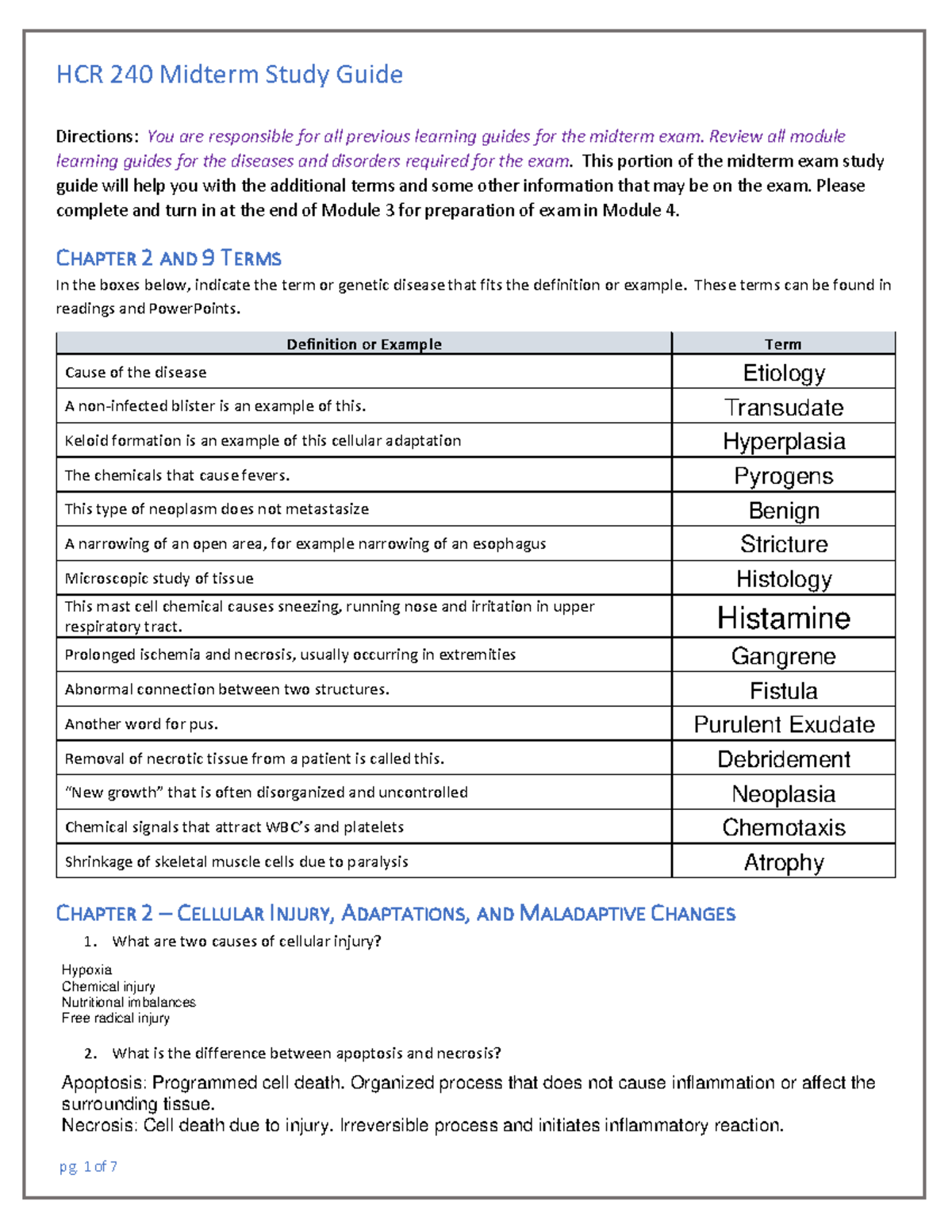 Patho Midterm Exam Study - Directions: You are responsible for all ...