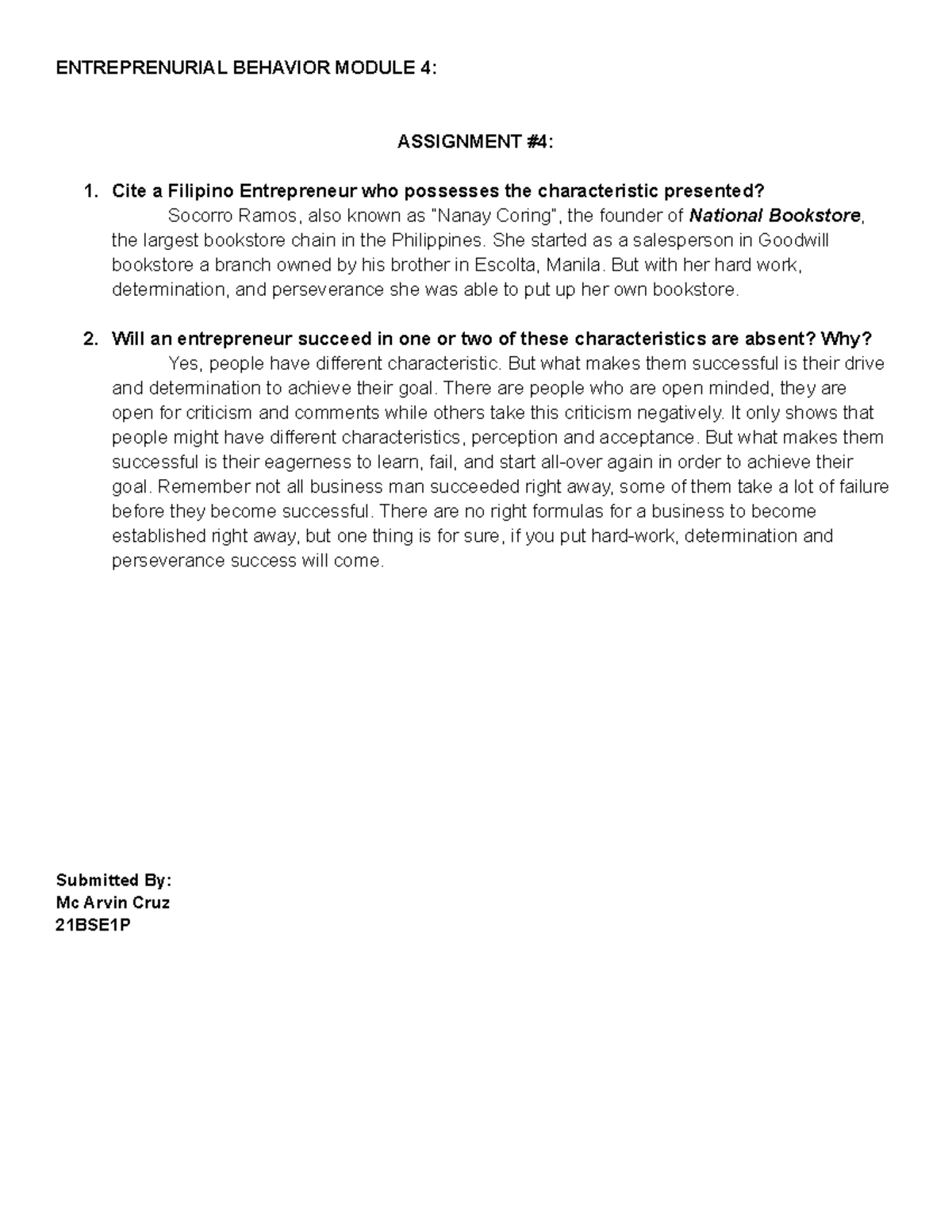 CRUZ, MC Arvin 21BSE1P Entrep Behavior Module 4 - ENTREPRENURIAL ...