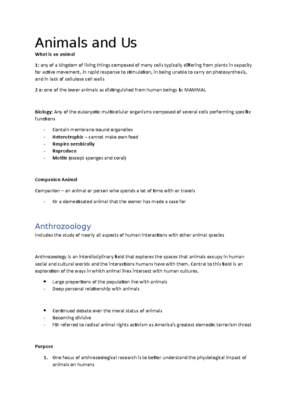 Animals And Us Notes Animals And Us What Is An Animal 1 Any Of A