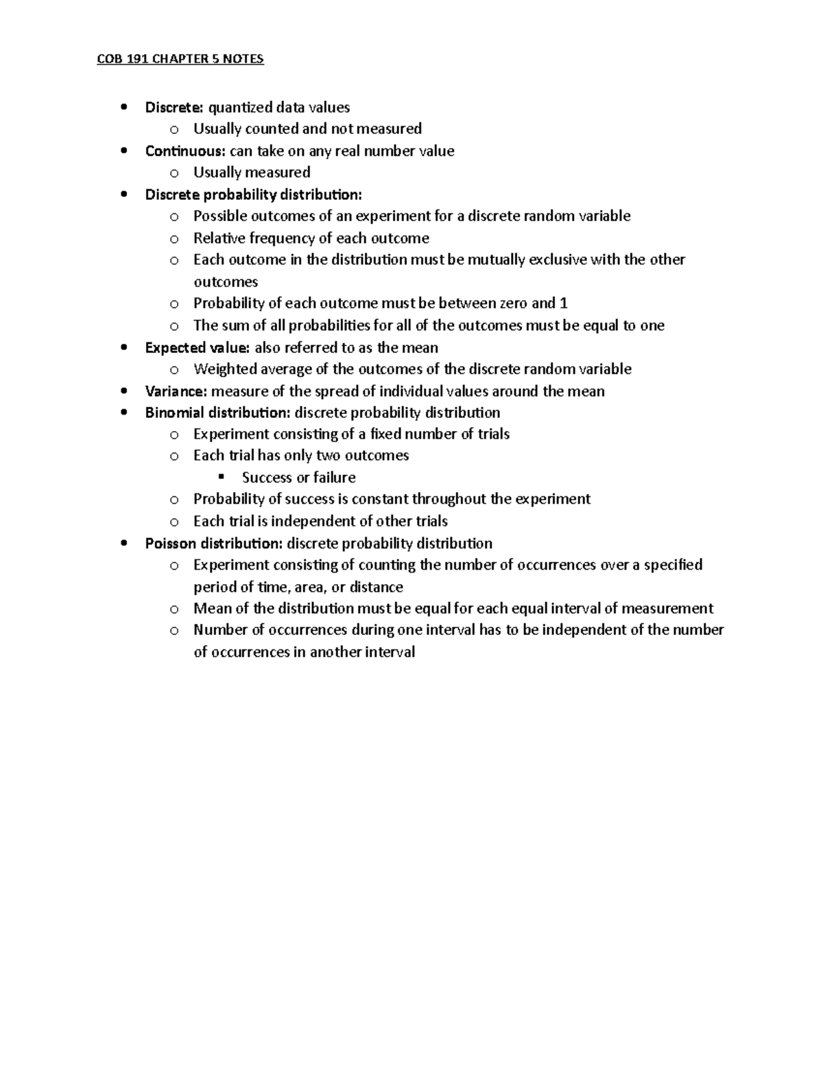 chapter 5 notes - COB 191 CHAPTER 5 NOTES Discrete: quantized data ...